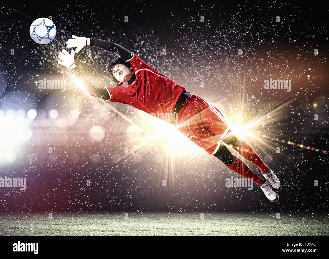 Goalkeeper catches the ball . At the stadium, in the spotlight Stock ...