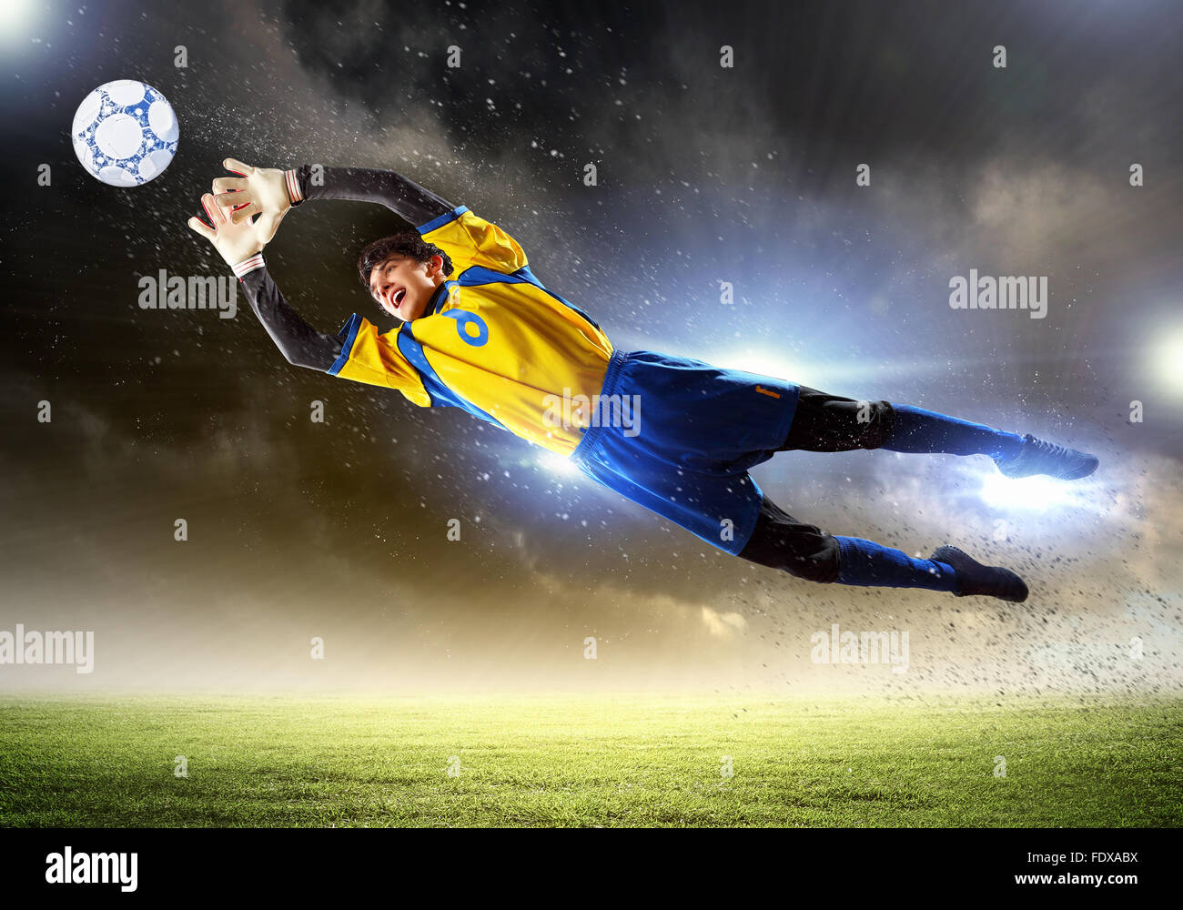 Goalkeeper catches the ball . At the stadium, in the spotlight Stock ...