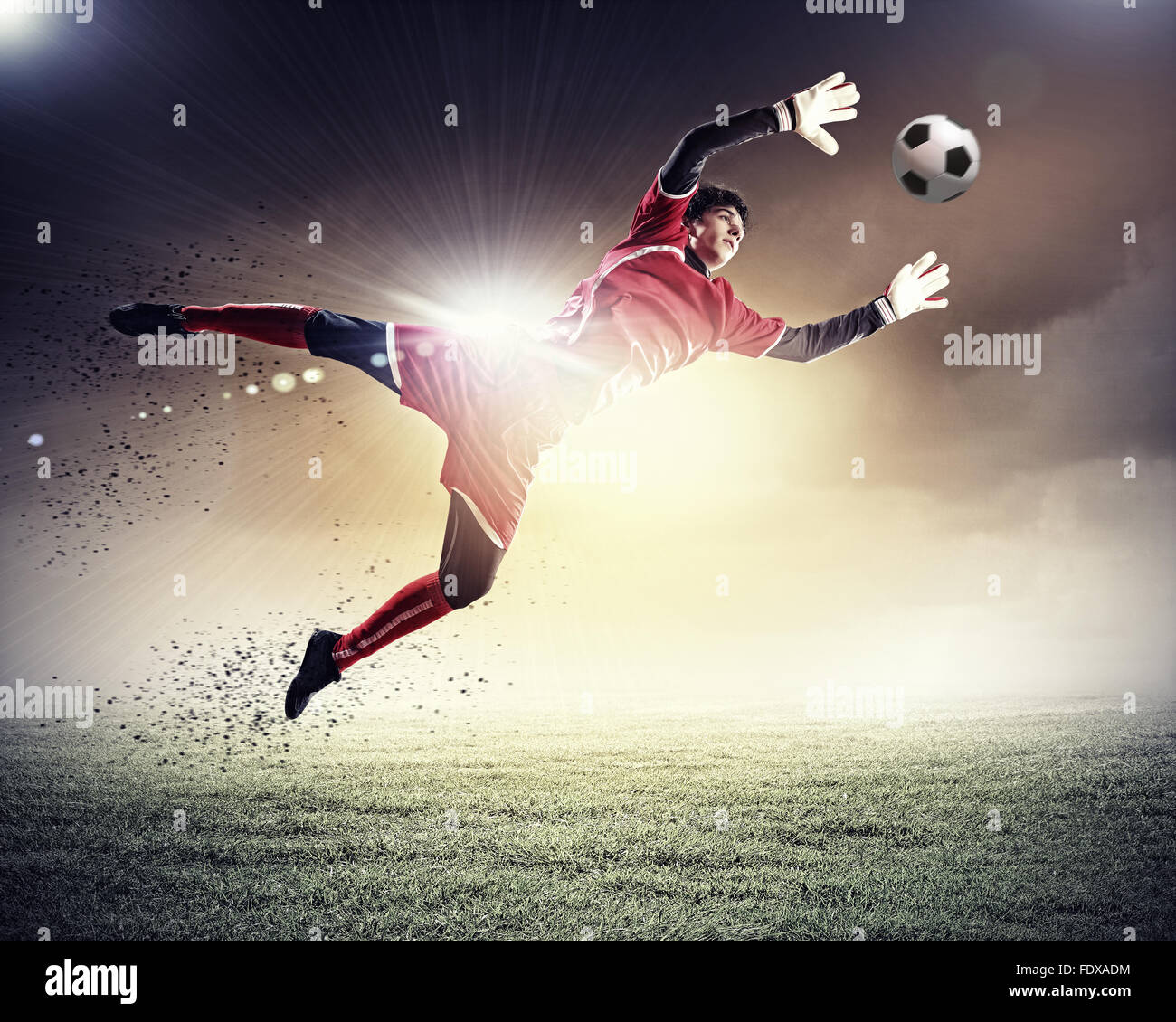 Goalkeeper catches the ball . At the stadium, in the spotlight Stock ...