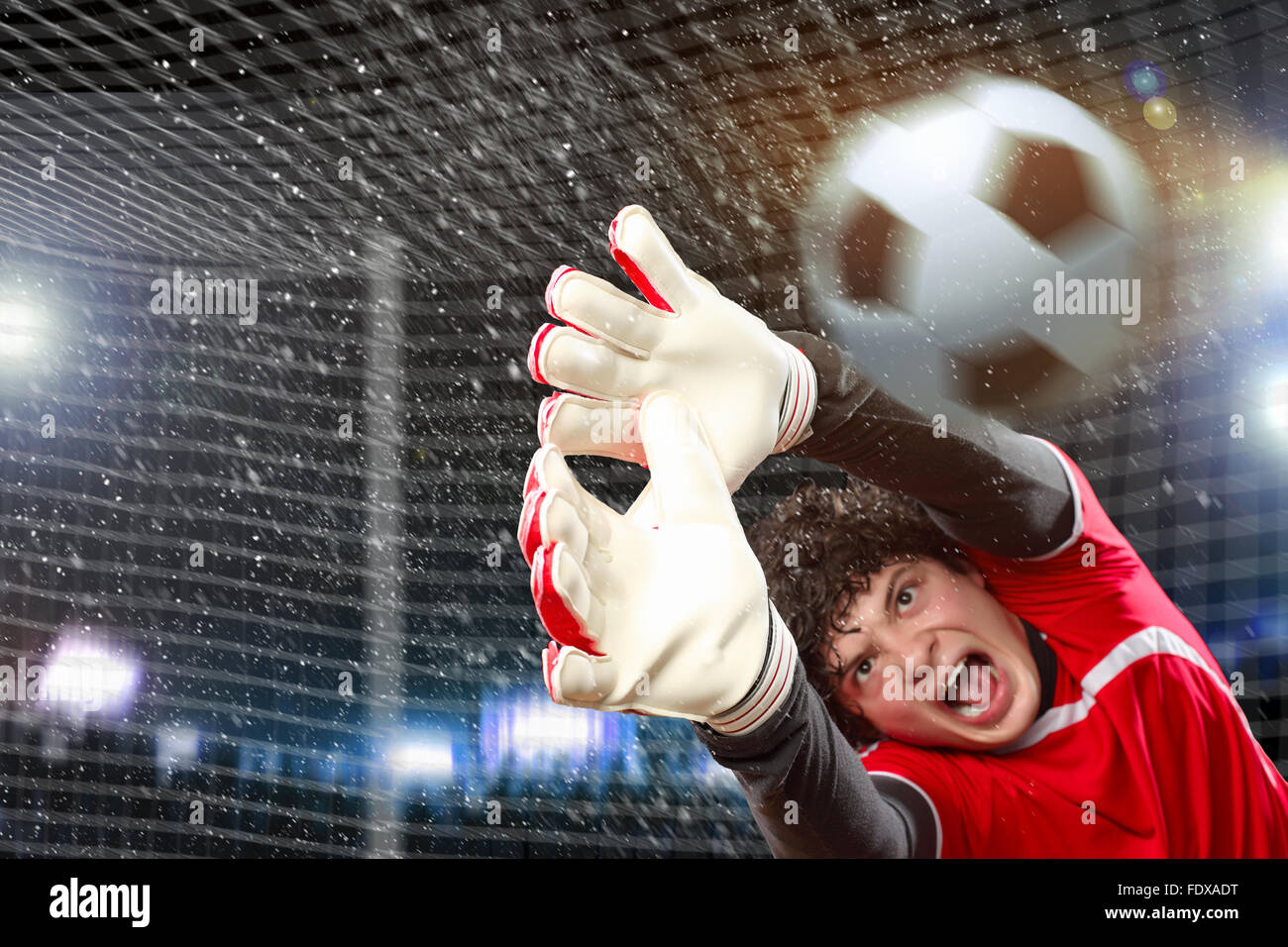 Goalkeeper catches the ball . At the stadium, in the spotlight Stock ...