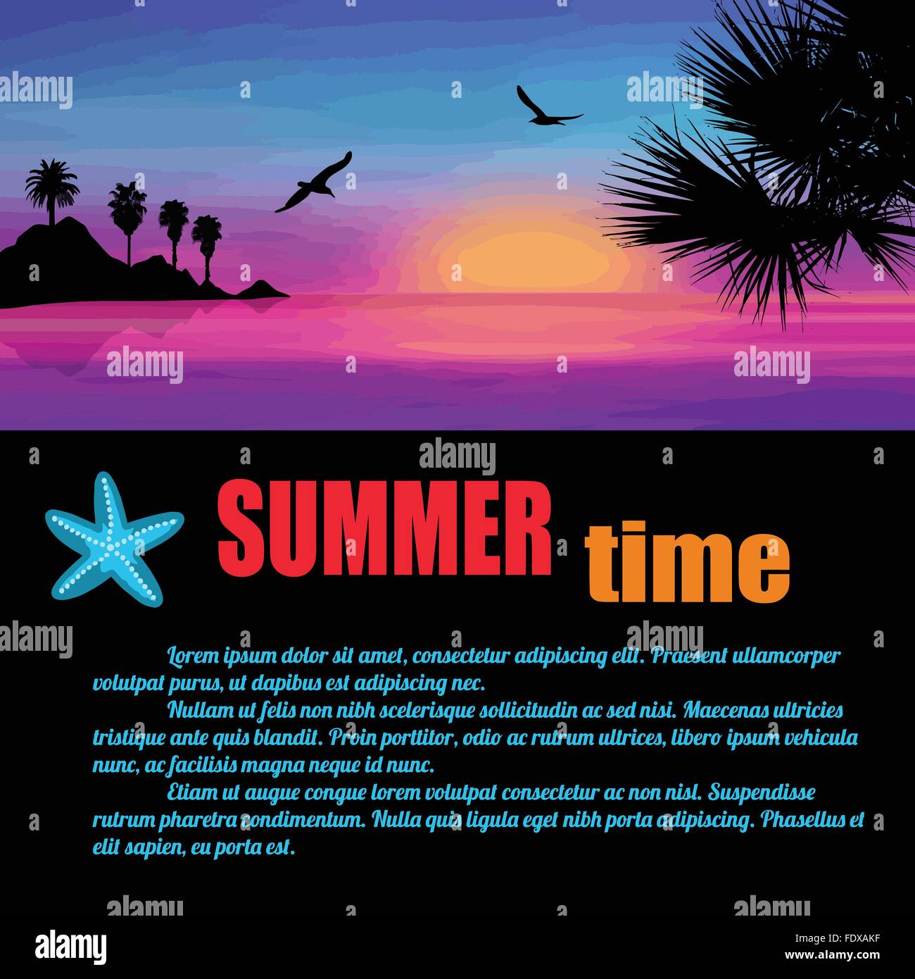 Summer time poster. A beautiful island and palm trees on sunset with ...