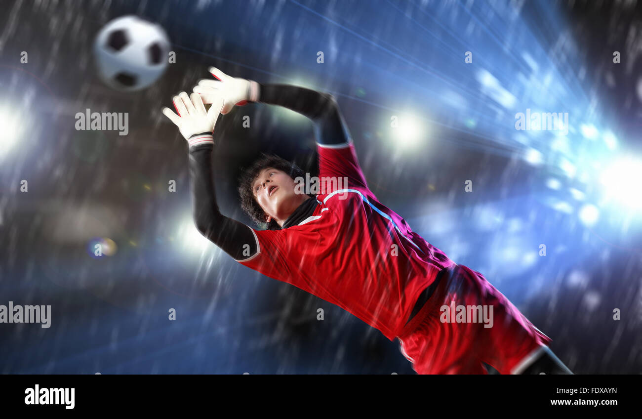 Goalkeeper catches the ball . At the stadium, in the spotlight Stock ...