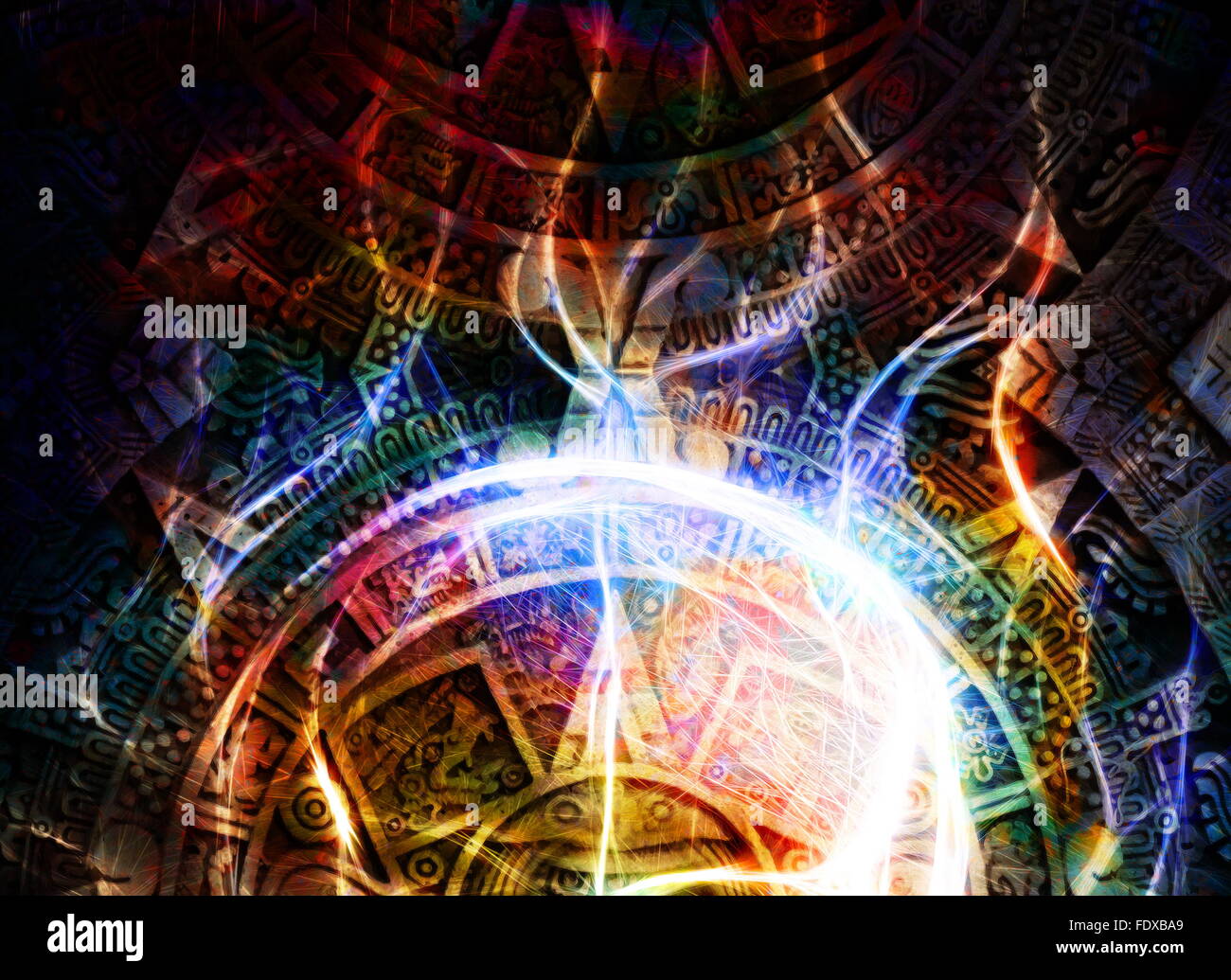 Ancient Mayan Calendar, abstract color Background, computer collage ...