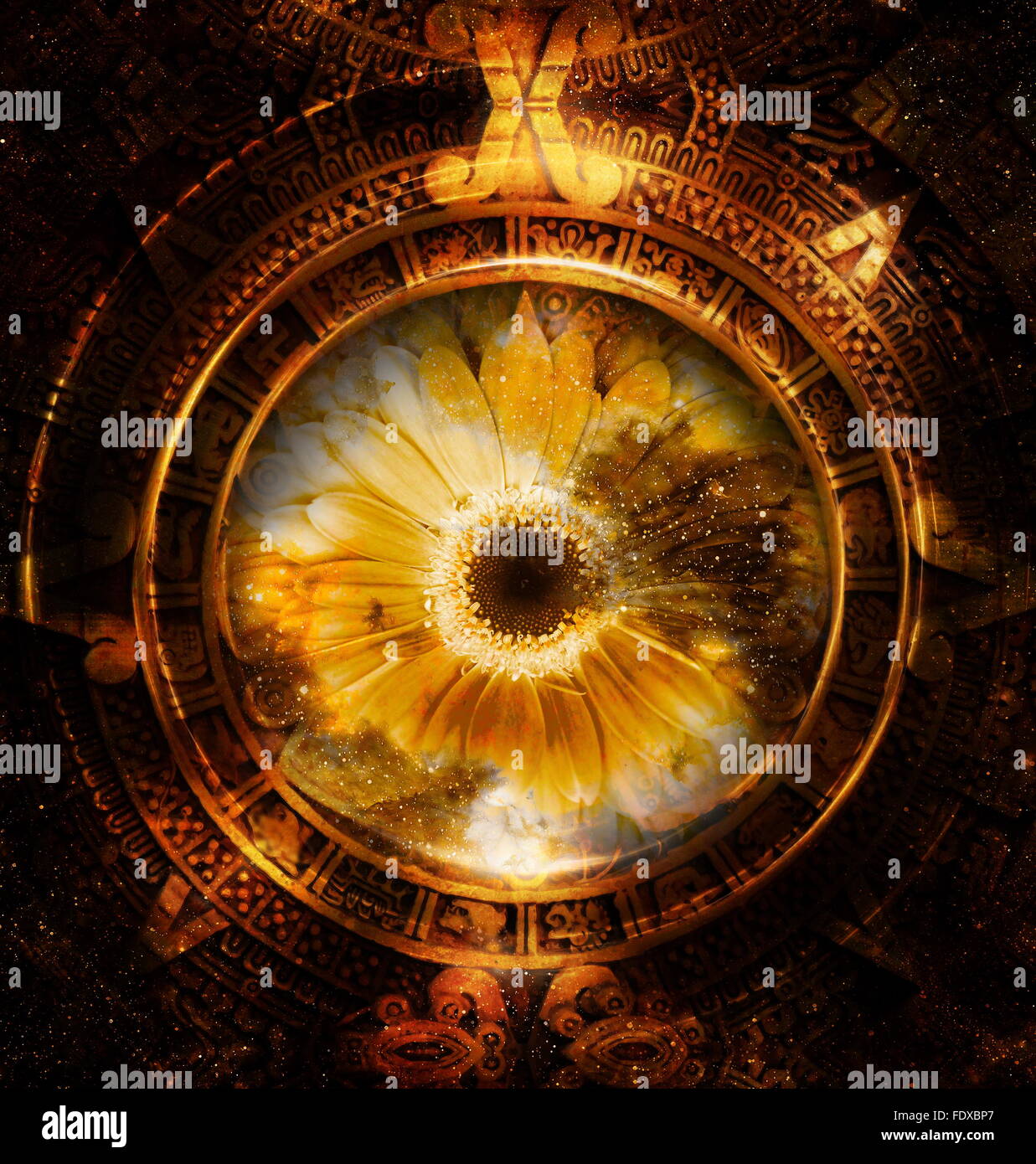 Ancient Mayan Calendar and flower, abstract color Background, computer ...