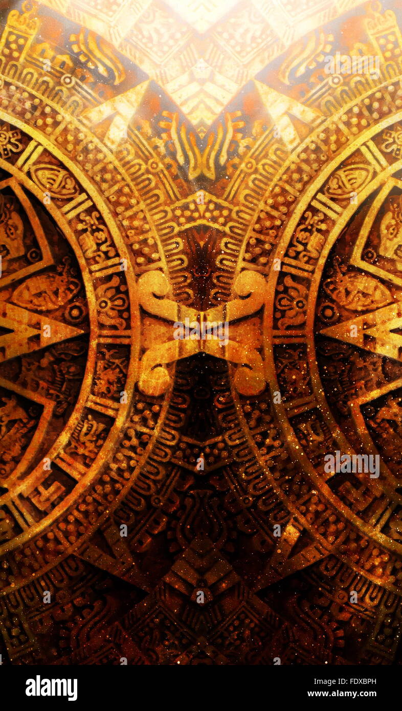 Ancient Mayan Calendar, abstract color Background, computer collage ...