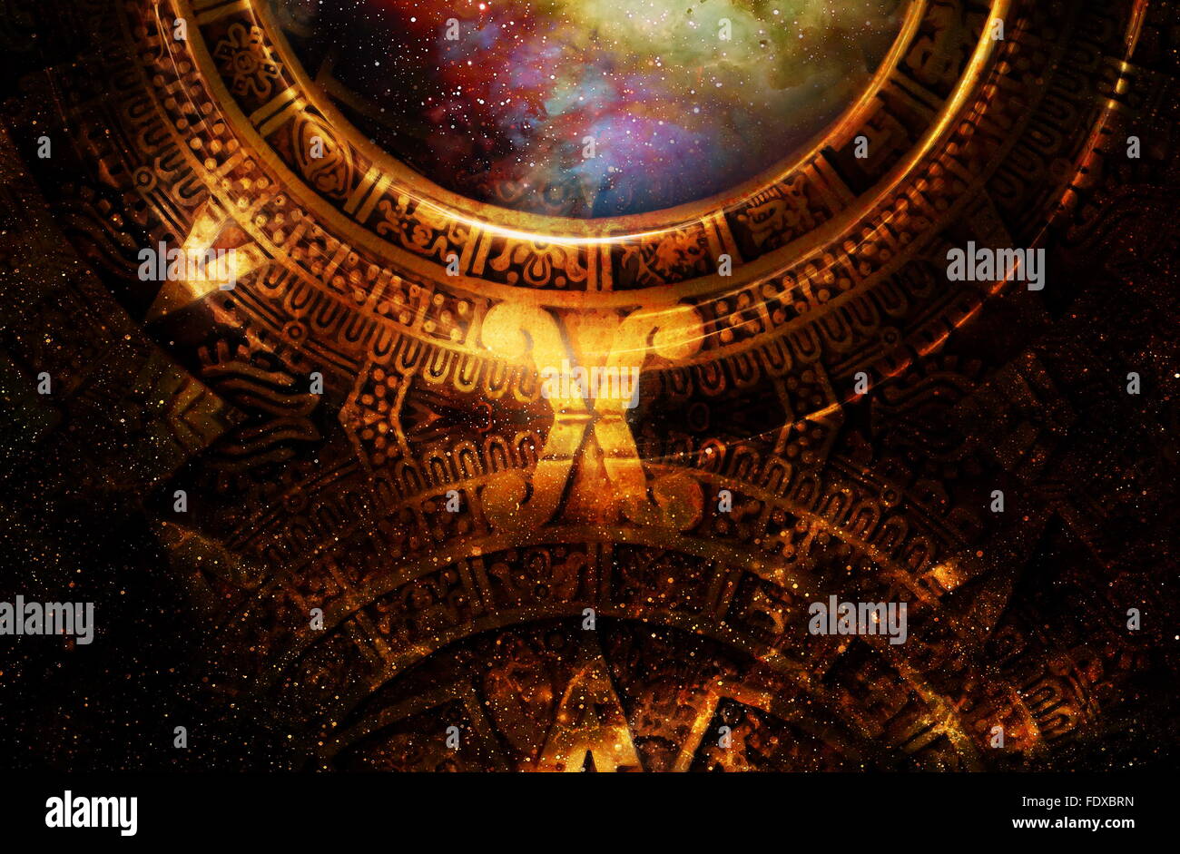 Ancient Mayan Calendar, Cosmic space and stars, abstract color ...