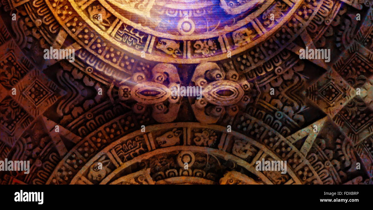 Ancient Mayan Calendar, abstract color Background, computer collage ...