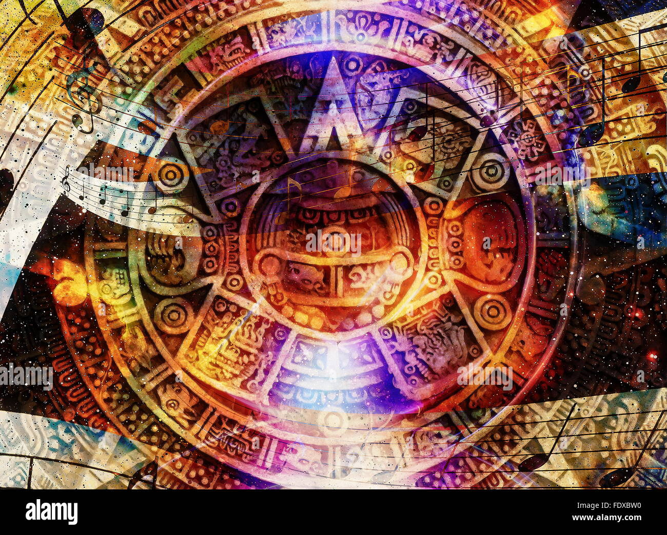 Ancient Mayan Calendar and Music note, Cosmic space with stars ...