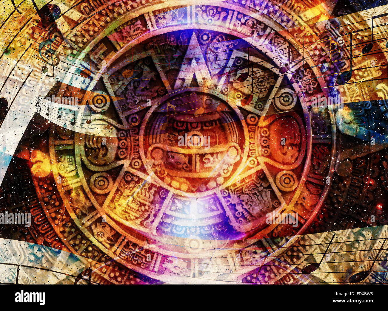 Ancient Mayan Calendar and Music note, Cosmic space with stars ...