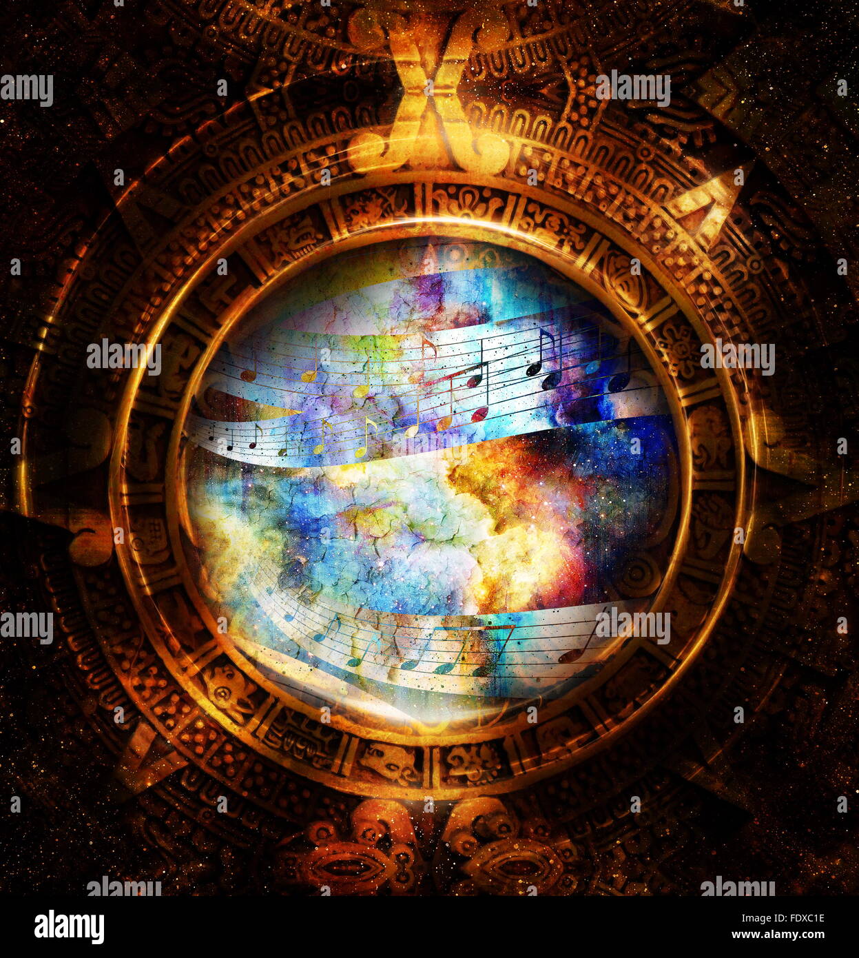 Ancient Mayan Calendar and Music note, Cosmic space with stars ...