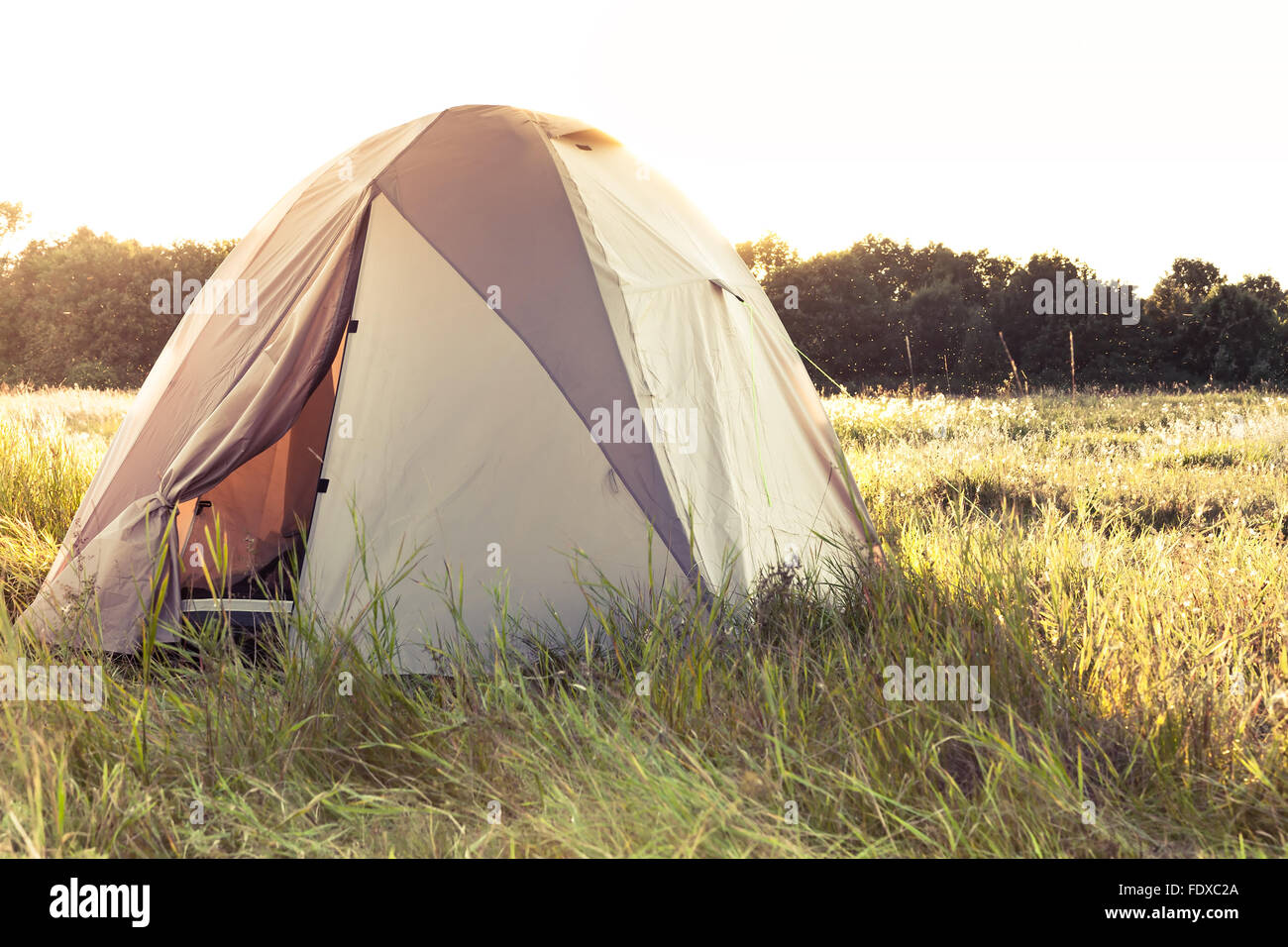 Camping tent on field Stock Photo - Alamy