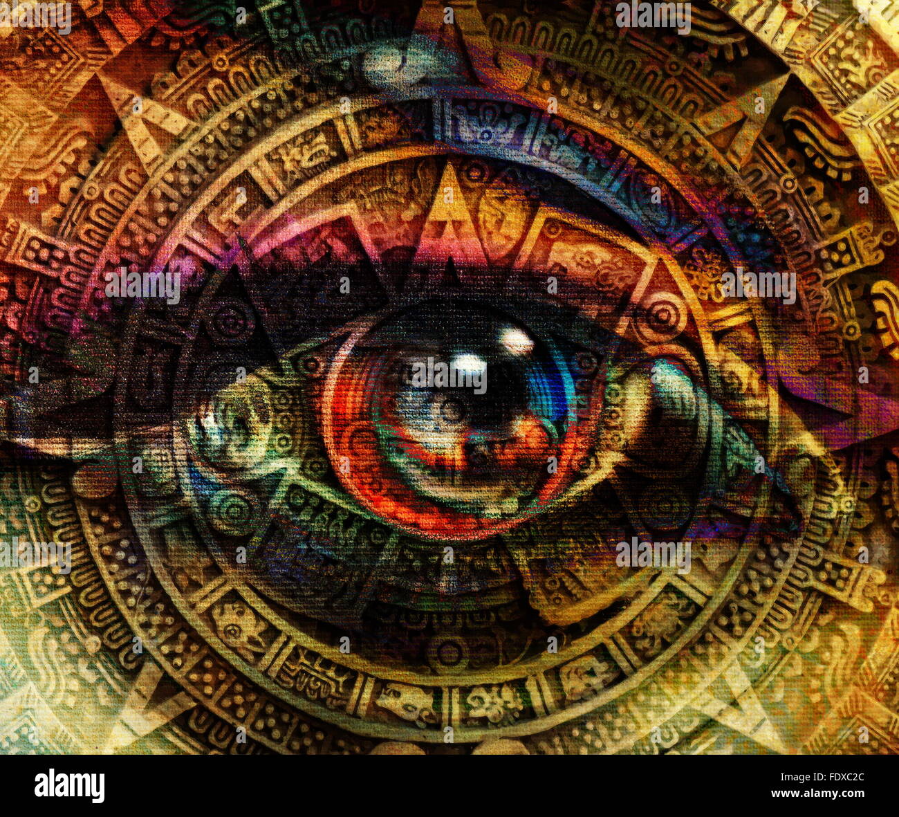 Ancient Mayan Calendar and woman eye, abstract color Background ...