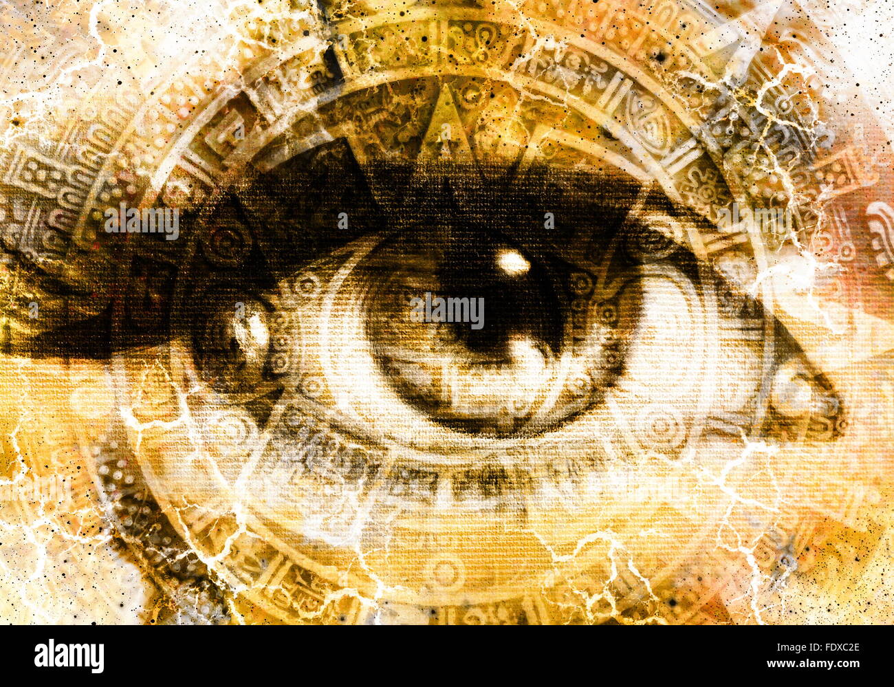 Ancient Mayan Calendar and woman eye, abstract color Background ...