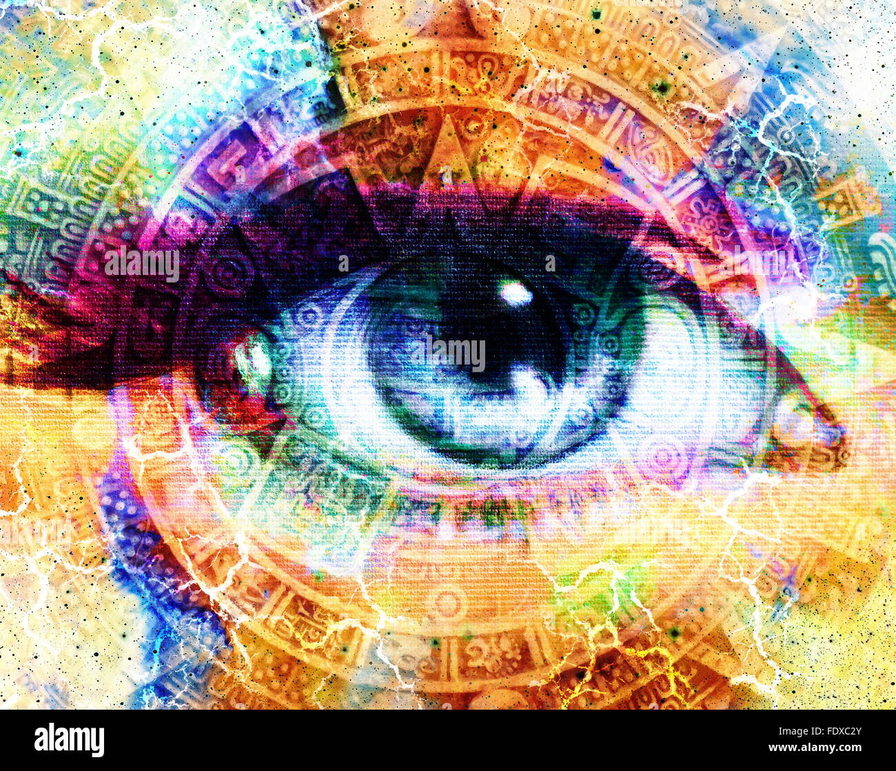 Ancient Mayan Calendar and woman eye, abstract color Background ...