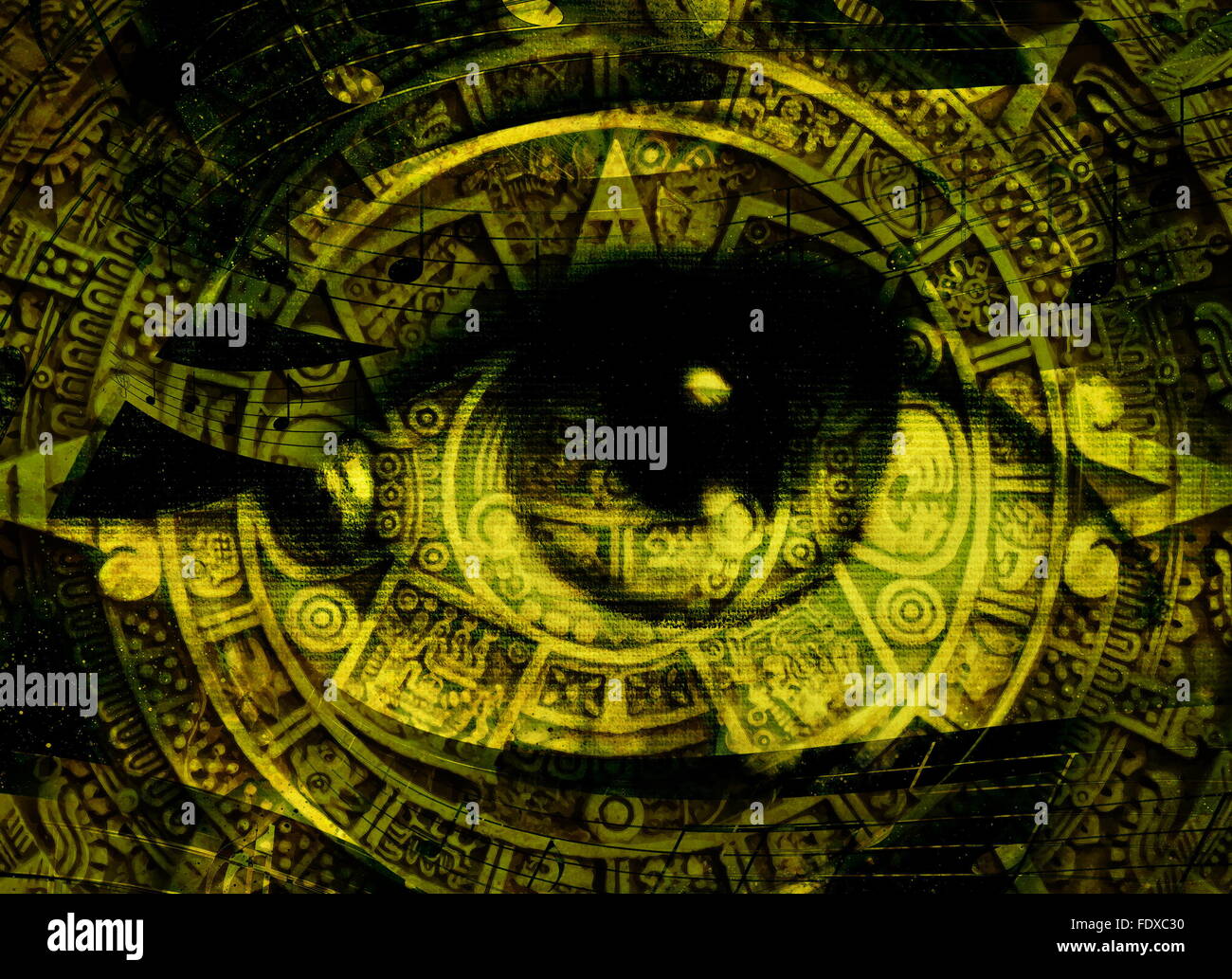 Ancient Mayan Calendar and woman eye with Music note, abstract color ...