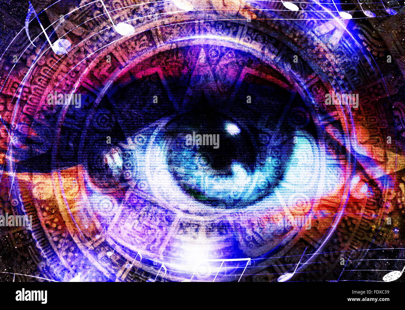 Ancient Mayan Calendar and woman eye, abstract color Background ...
