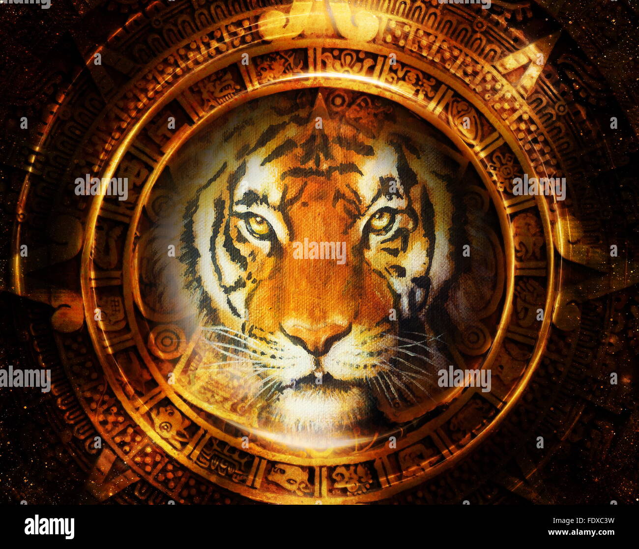 Ancient Mayan Calendar and Tiger head, abstract color Background ...