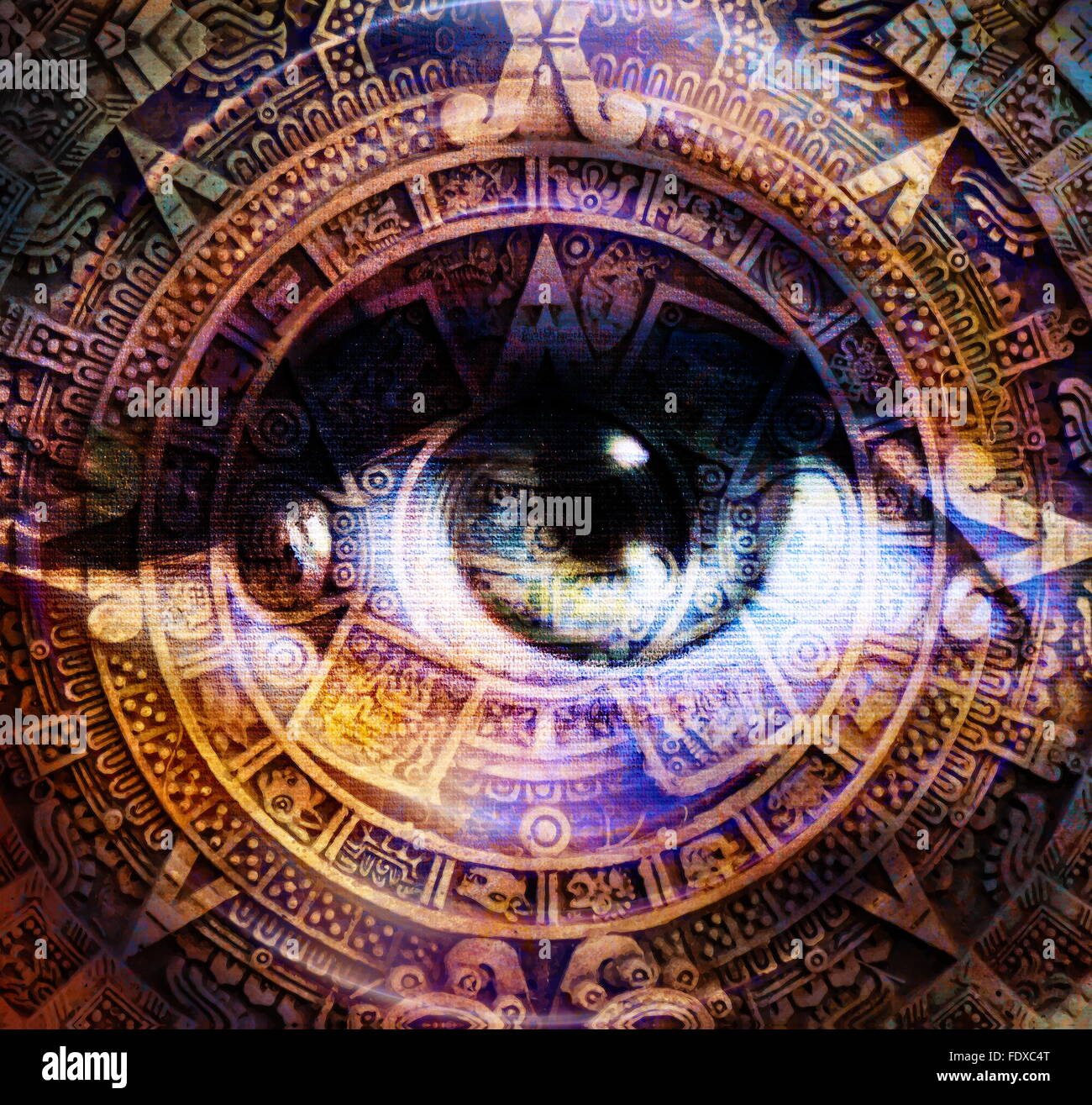 Ancient Mayan Calendar and woman eye, abstract color Background ...