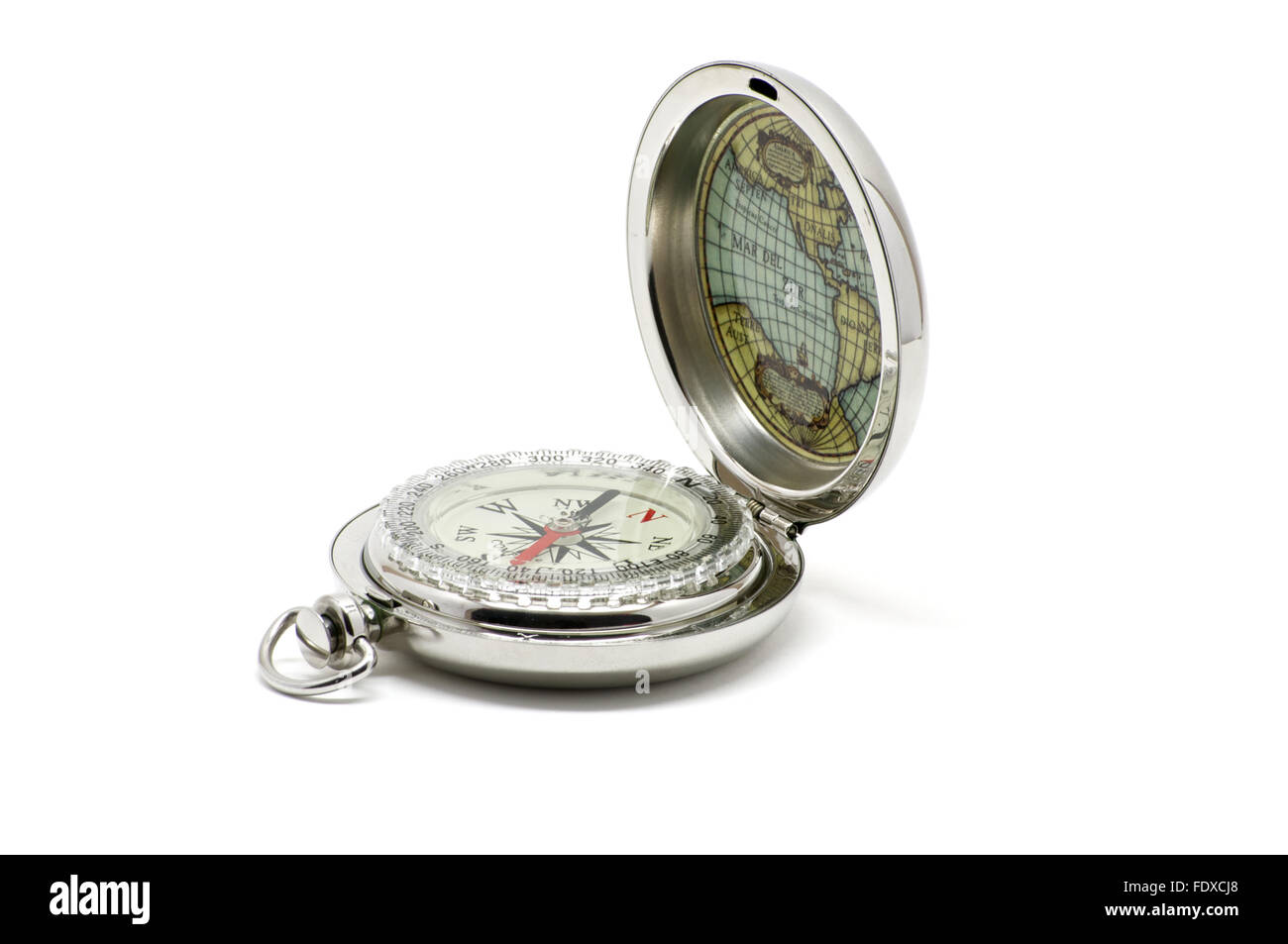 Silver open isolated compass with map over white Stock Photo - Alamy