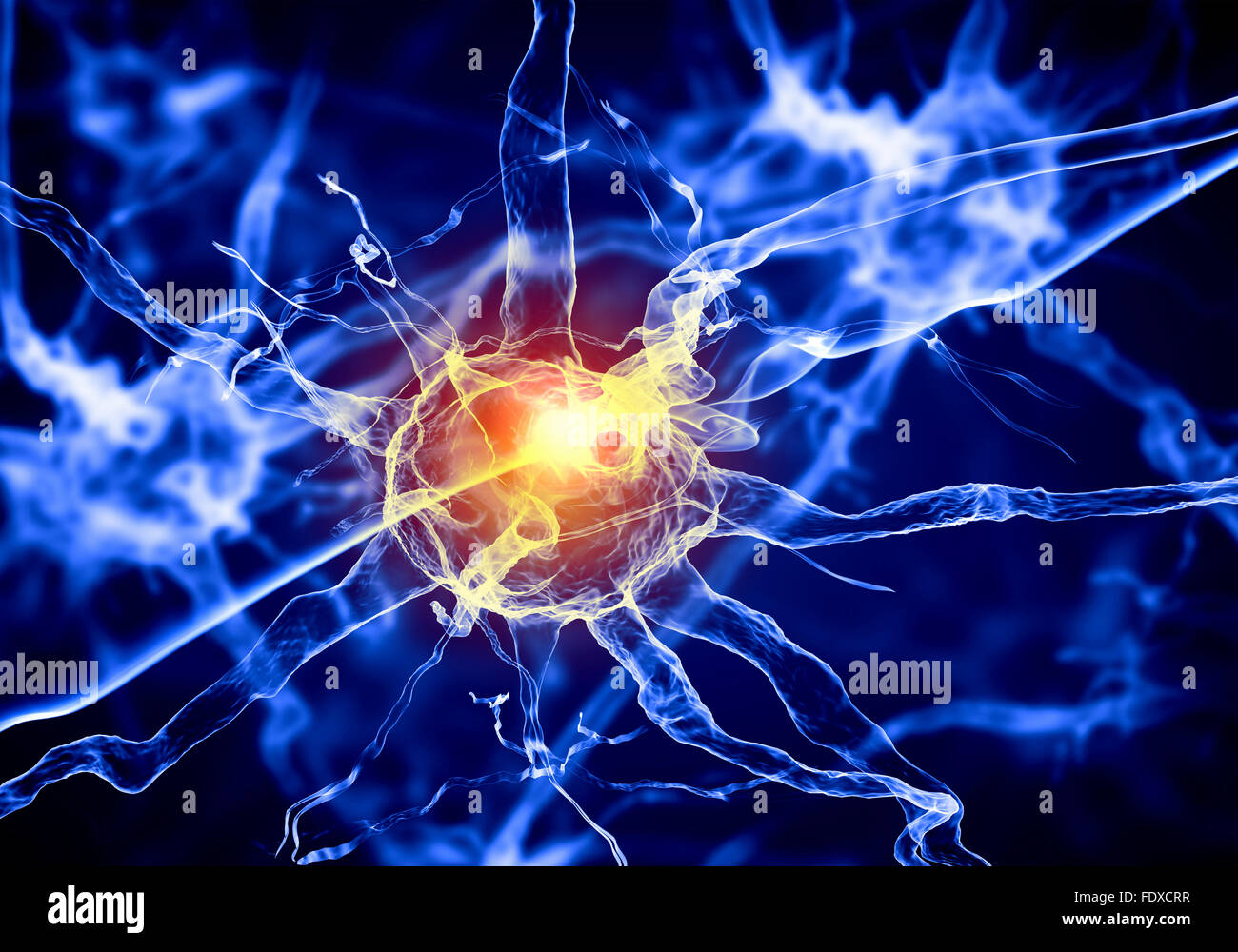 Illustration of a nerve cell on a colored background with light effects ...