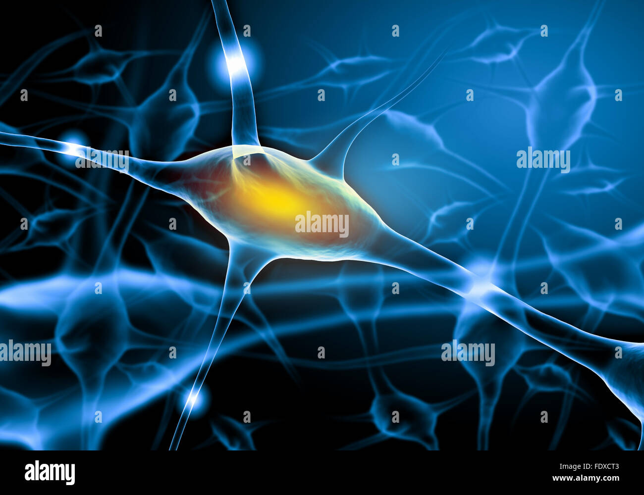 Illustration of a nerve cell on a colored background with light effects ...