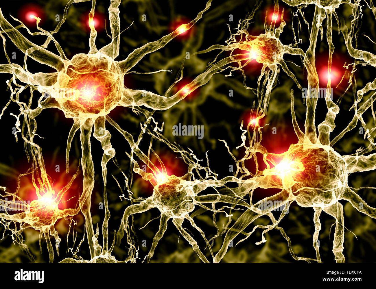 Illustration of a nerve cell on a colored background with light effects ...