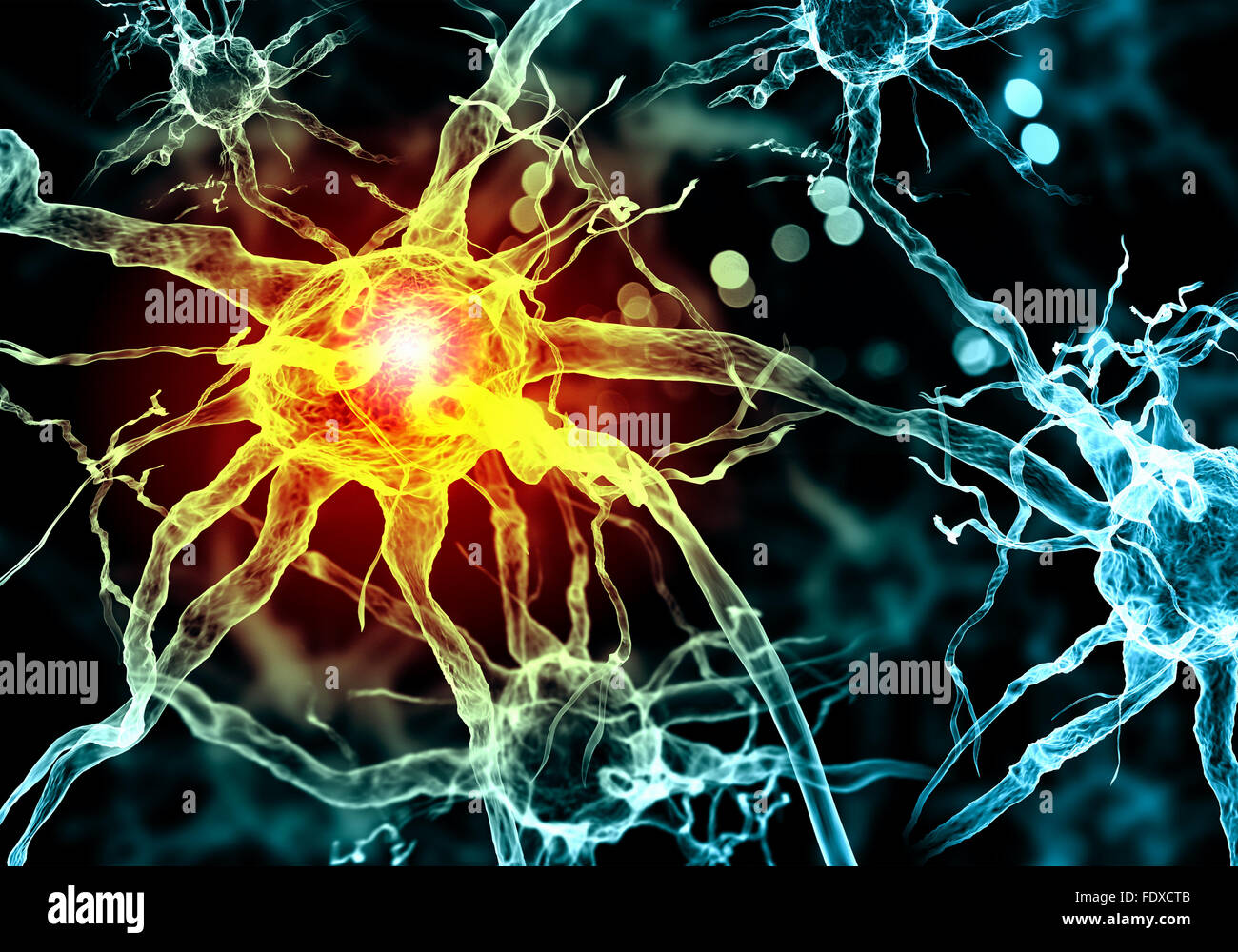 Illustration of a nerve cell on a colored background with light effects ...