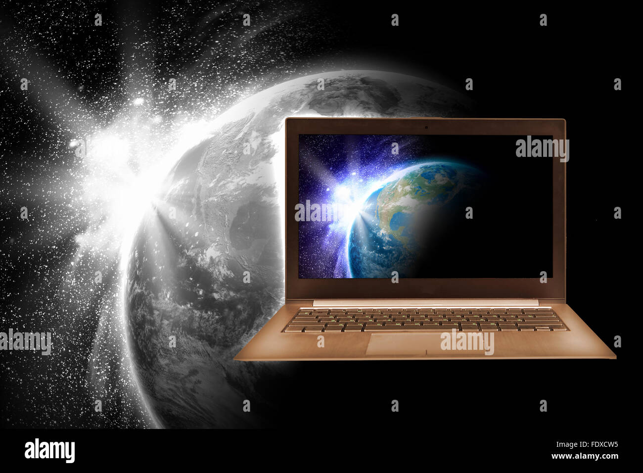 Notebook with our planet earth against black background with globe ...