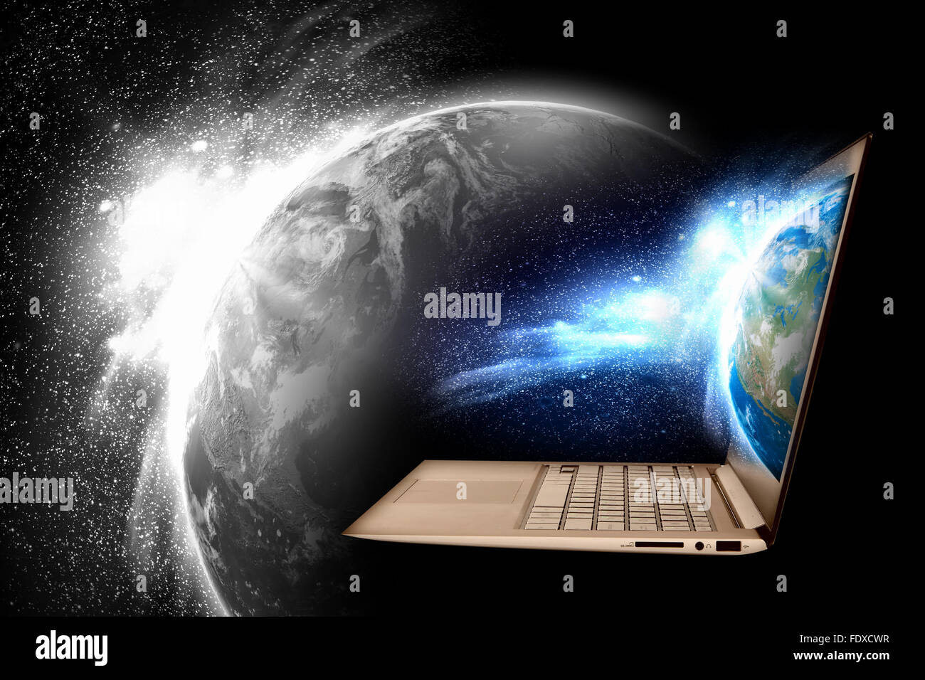 Notebook with our planet earth against black background with globe ...