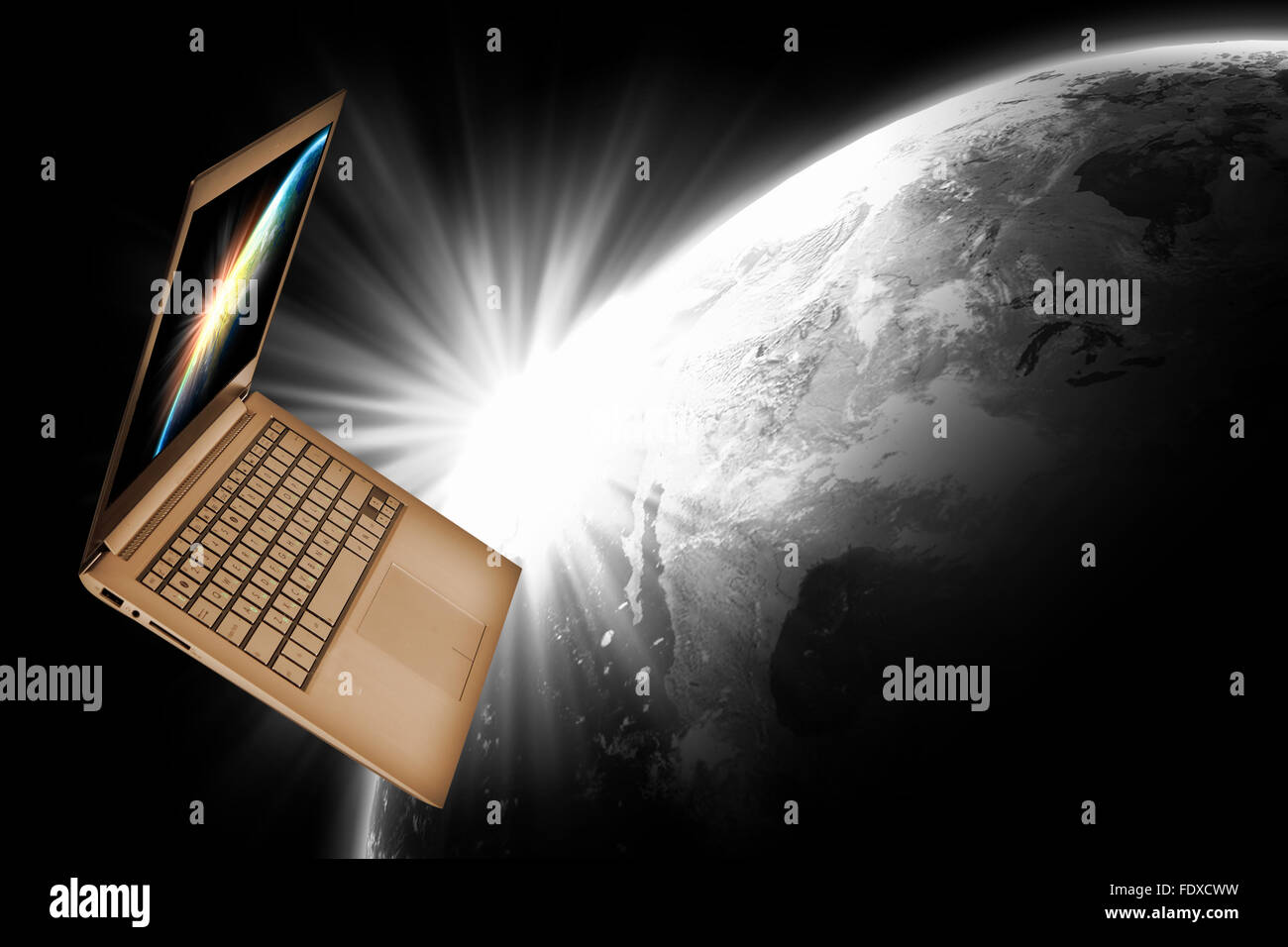 Notebook with our planet earth against black background with globe ...