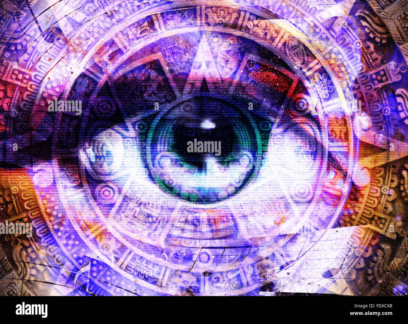 Ancient Mayan Calendar and woman eye, abstract color Background ...