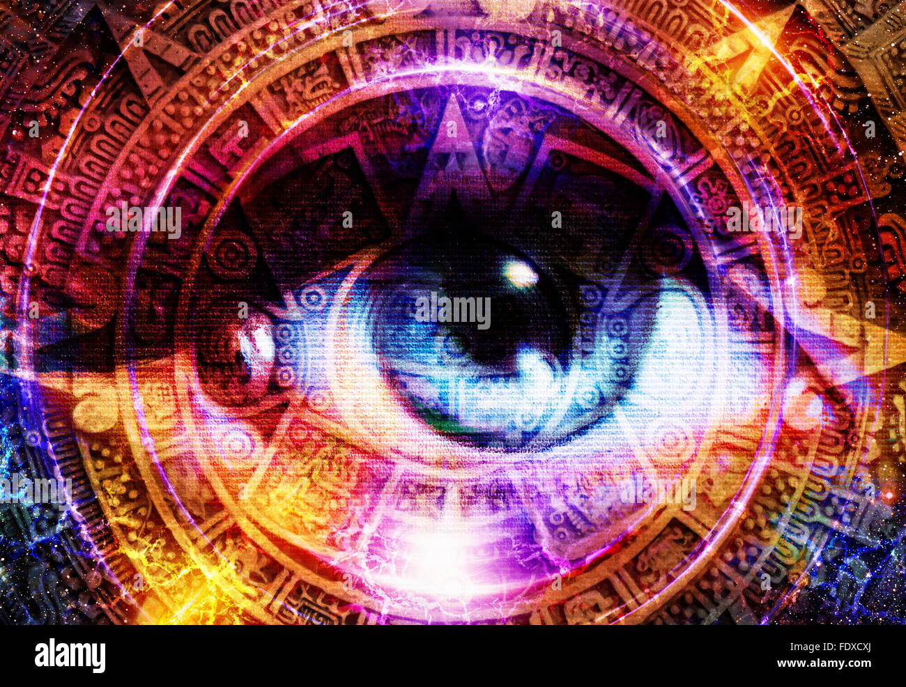 Ancient Mayan Calendar and woman eye, abstract color Background ...