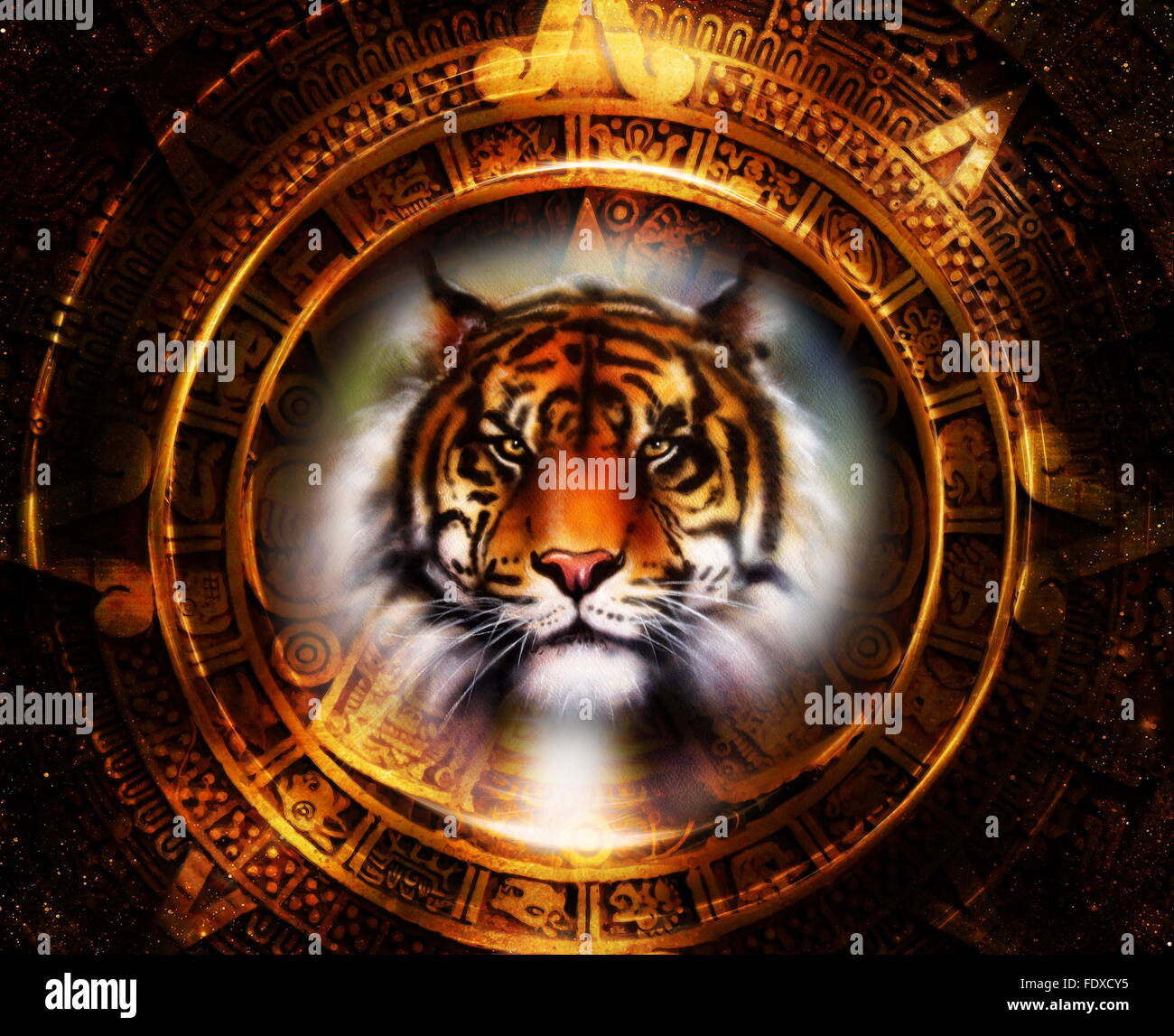 Ancient Mayan Calendar and Tiger head, abstract color Background ...
