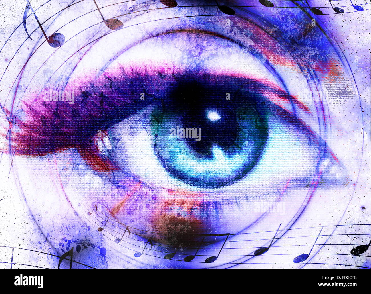 Woman Eye and music note and cosmic space with stars. abstract color ...