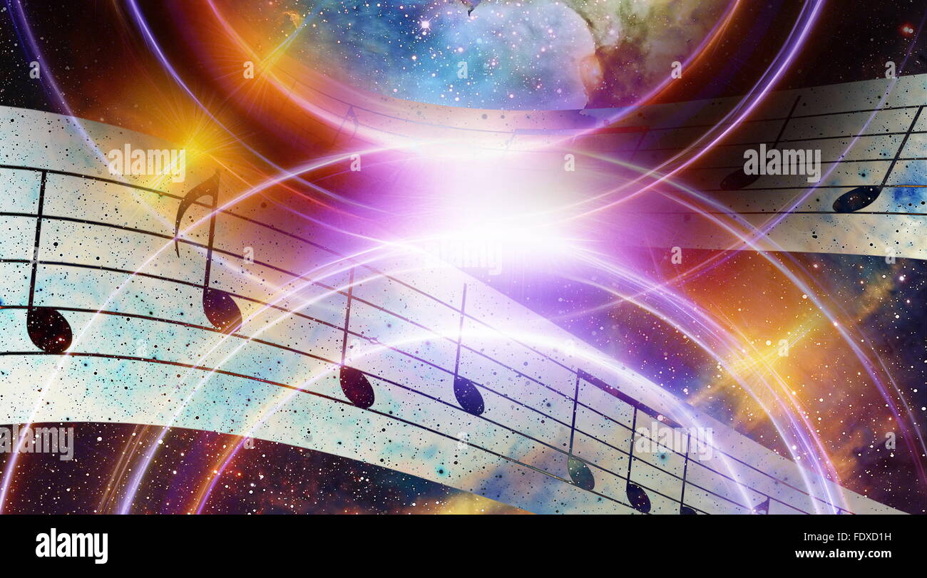 Audio music Speaker and note. Cosmic space and stars, abstract cosmic ...