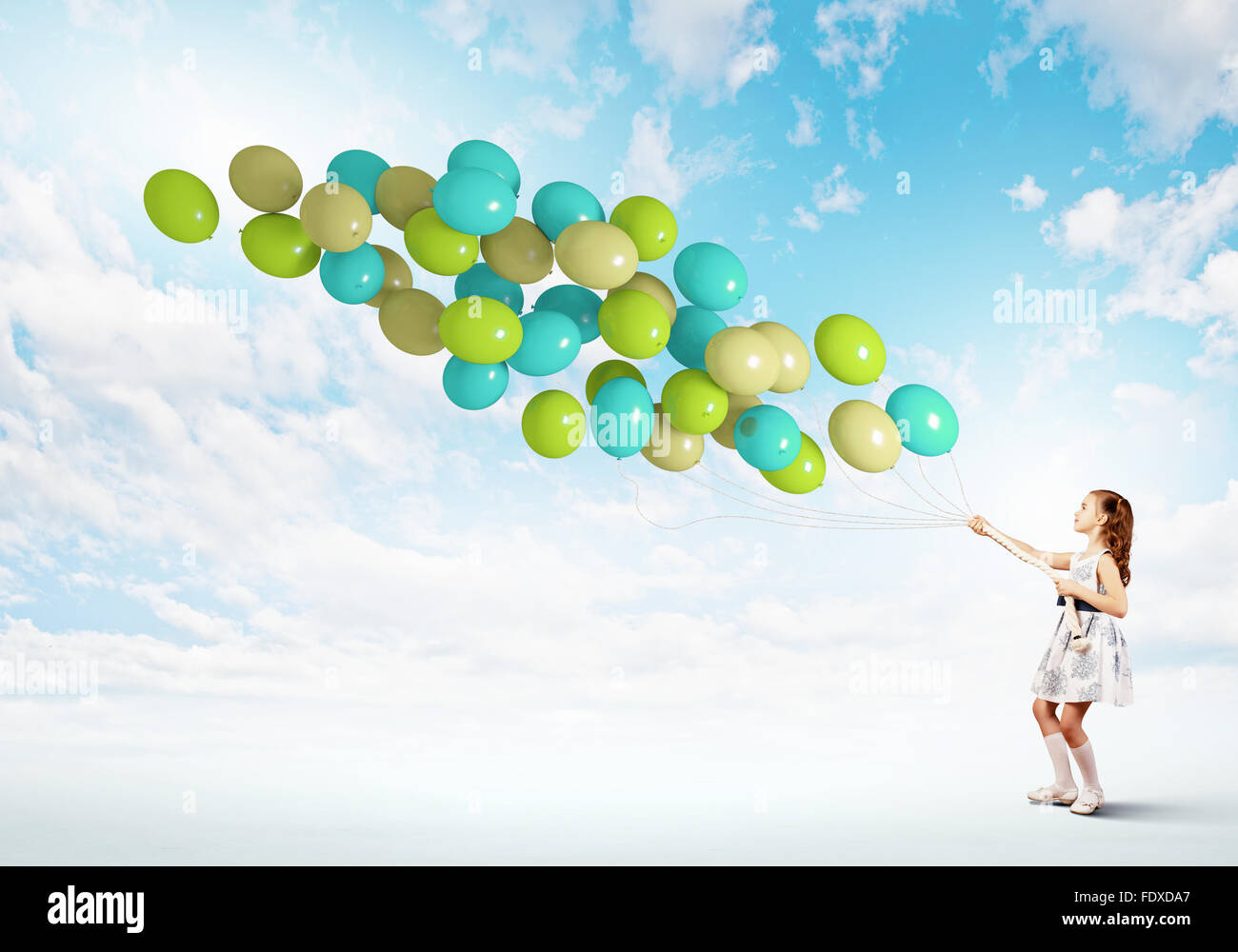 Image of little cute girl with bunch of color balloons Stock Photo - Alamy