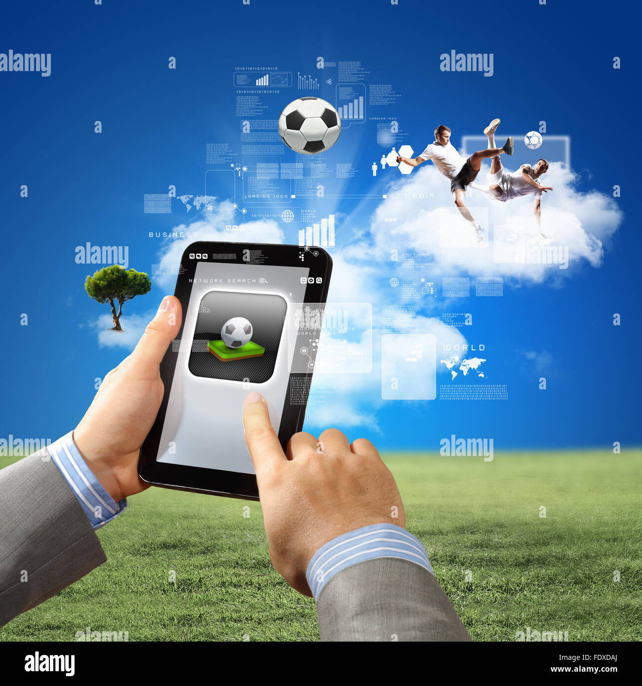 Close-up image of man's hands holding tablet pc with picture of ball ...