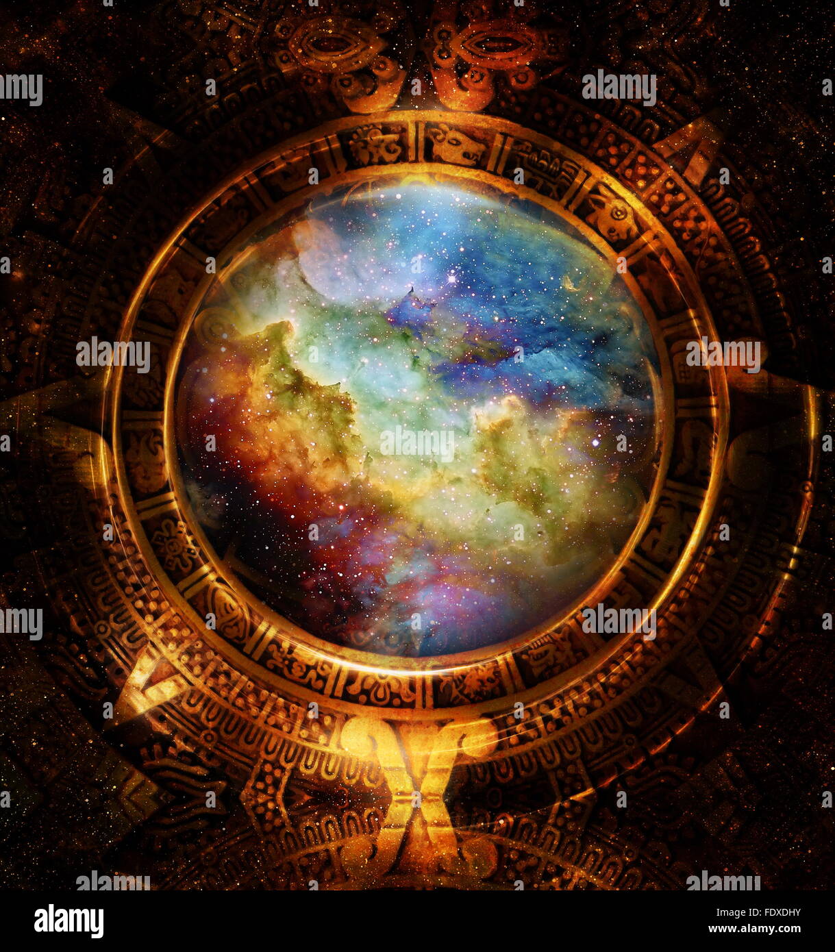 Ancient Mayan Calendar, Cosmic space and stars, abstract color ...