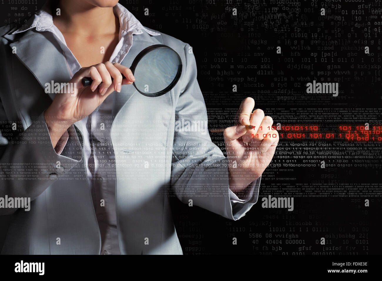 Businesswoman with magnifier glass examining binary code Stock Photo ... Businesswoman with magnifier glass examining binary code Stock Photo ...