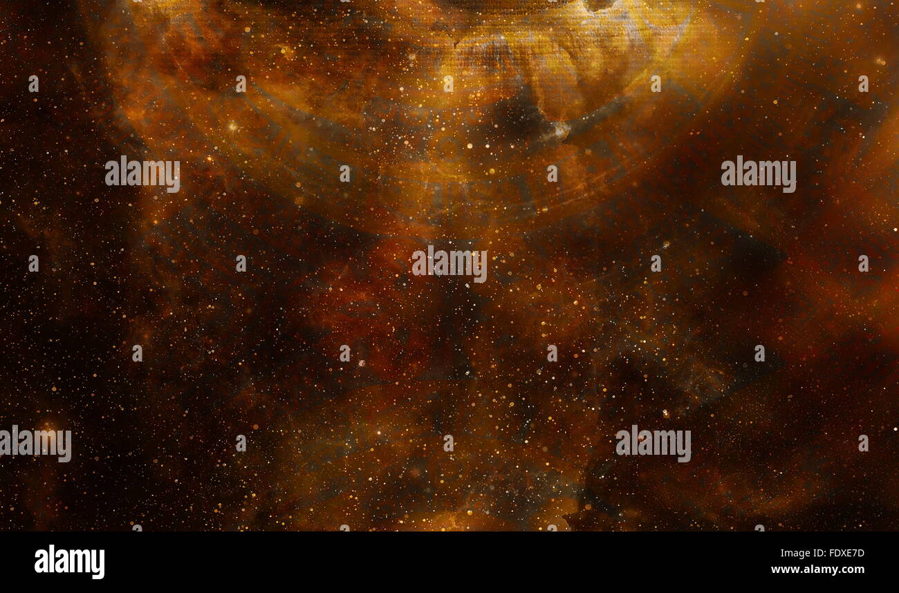 Cosmic space and stars and silhouette ancient ornament, abstract color ...