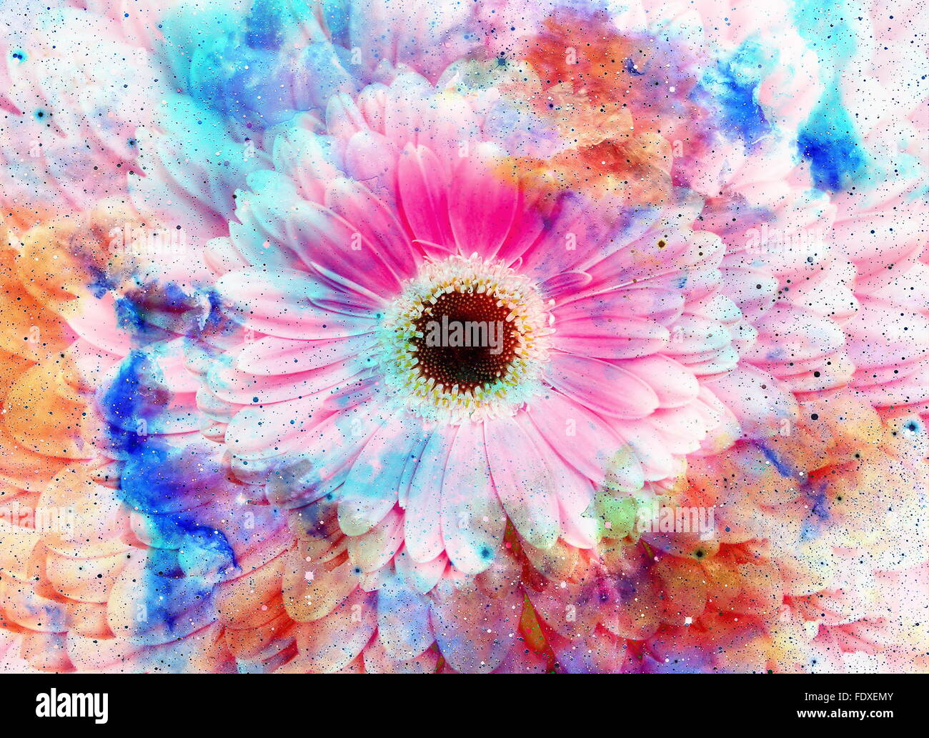 Space and stars with flower, color galaxi background, computer collage ...