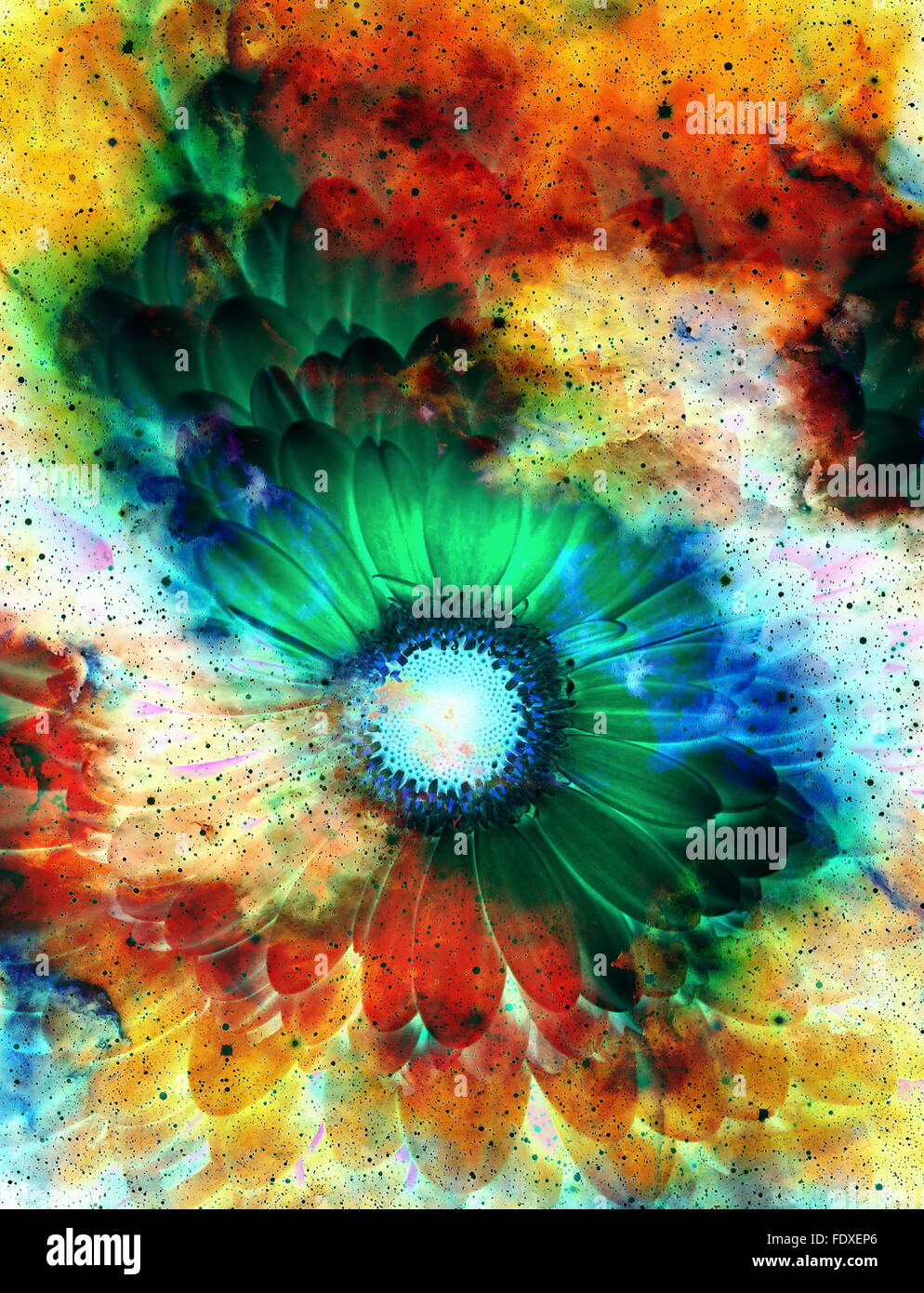 Space and stars with flower, color galaxi background, computer collage ...
