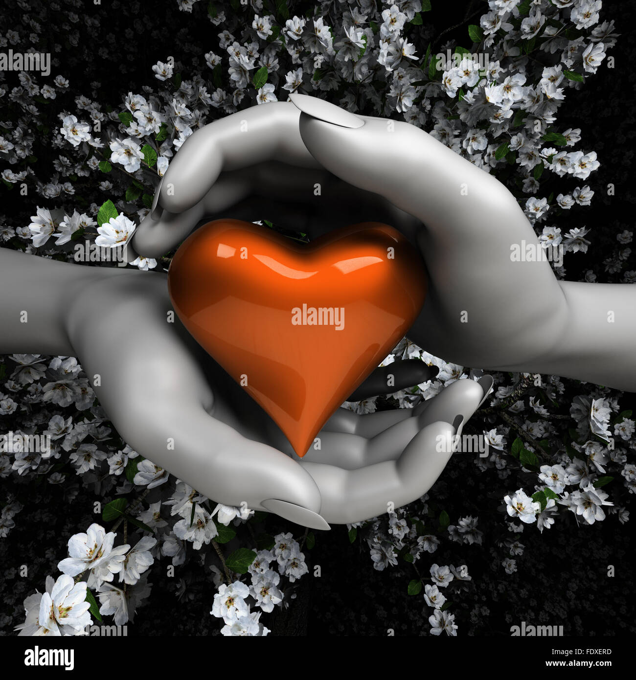 Heart in hands on flower background Stock Photo - Alamy