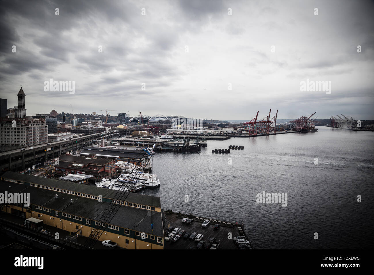 Landscape from bird view of Cargo ship docking at Seattle port ...