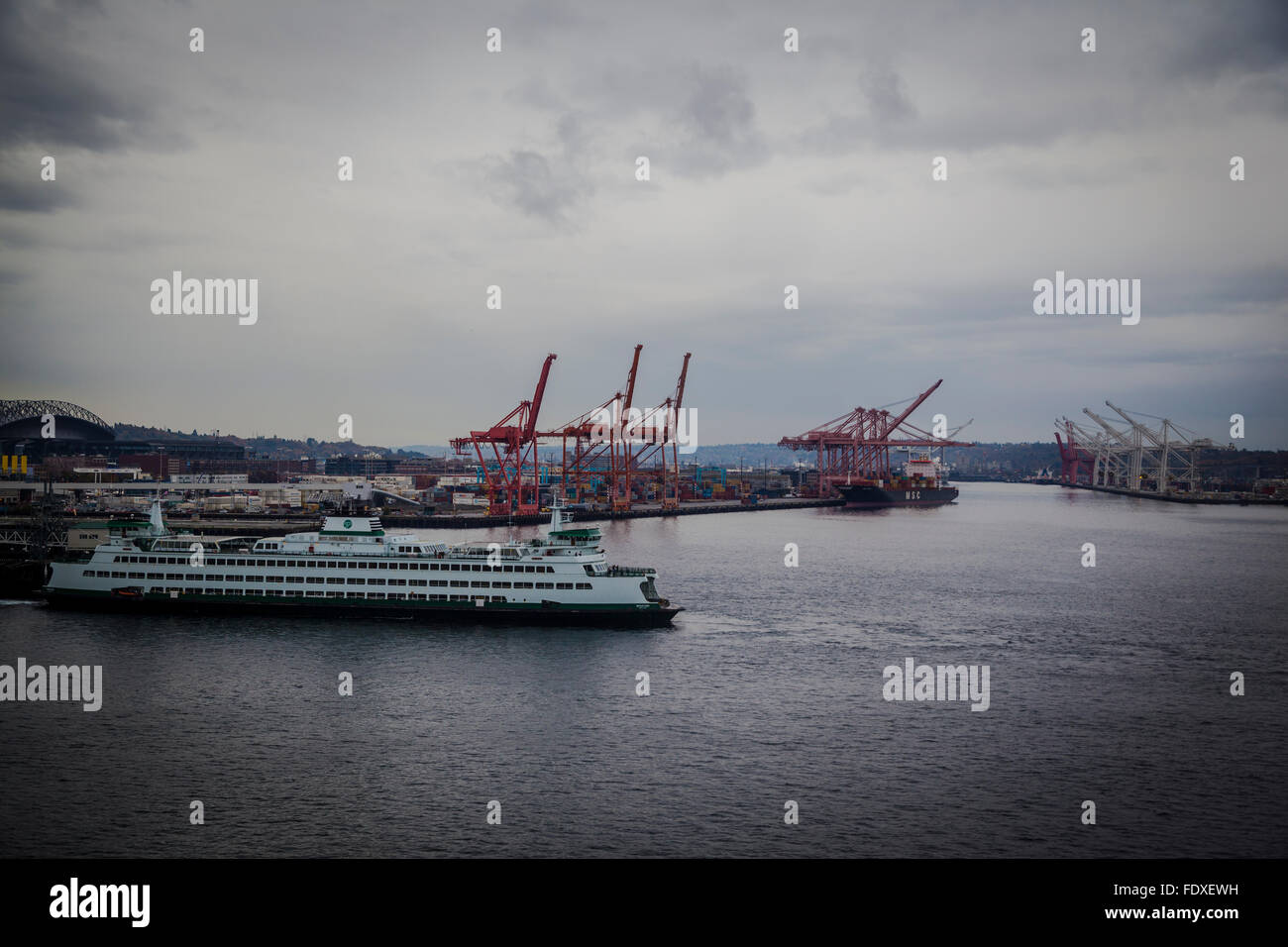 Landscape from bird view of Cargo ship docking at Seattle port ...