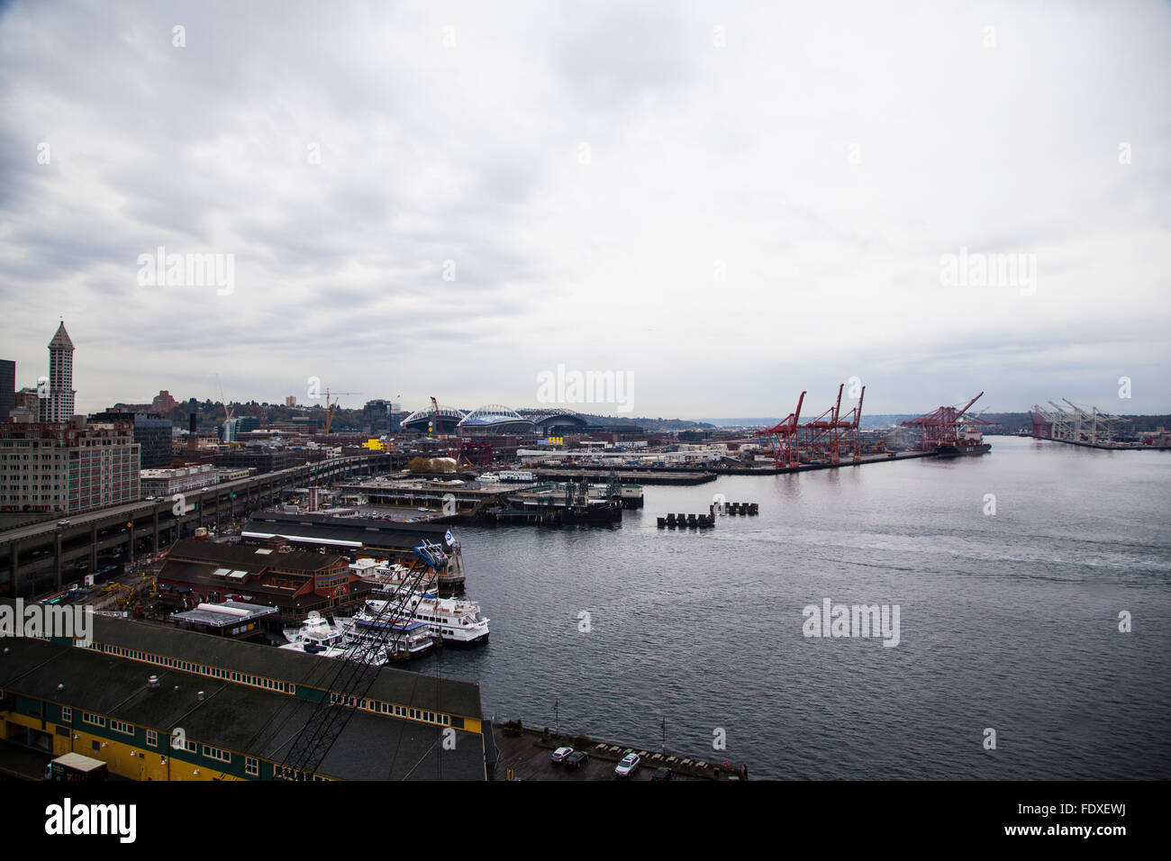 Landscape from bird view of Cargo ship docking at Seattle port ...