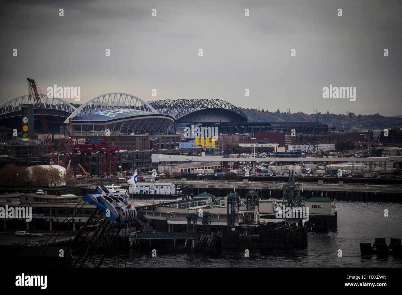 Landscape from bird view of Cargo ship docking at Seattle port ...