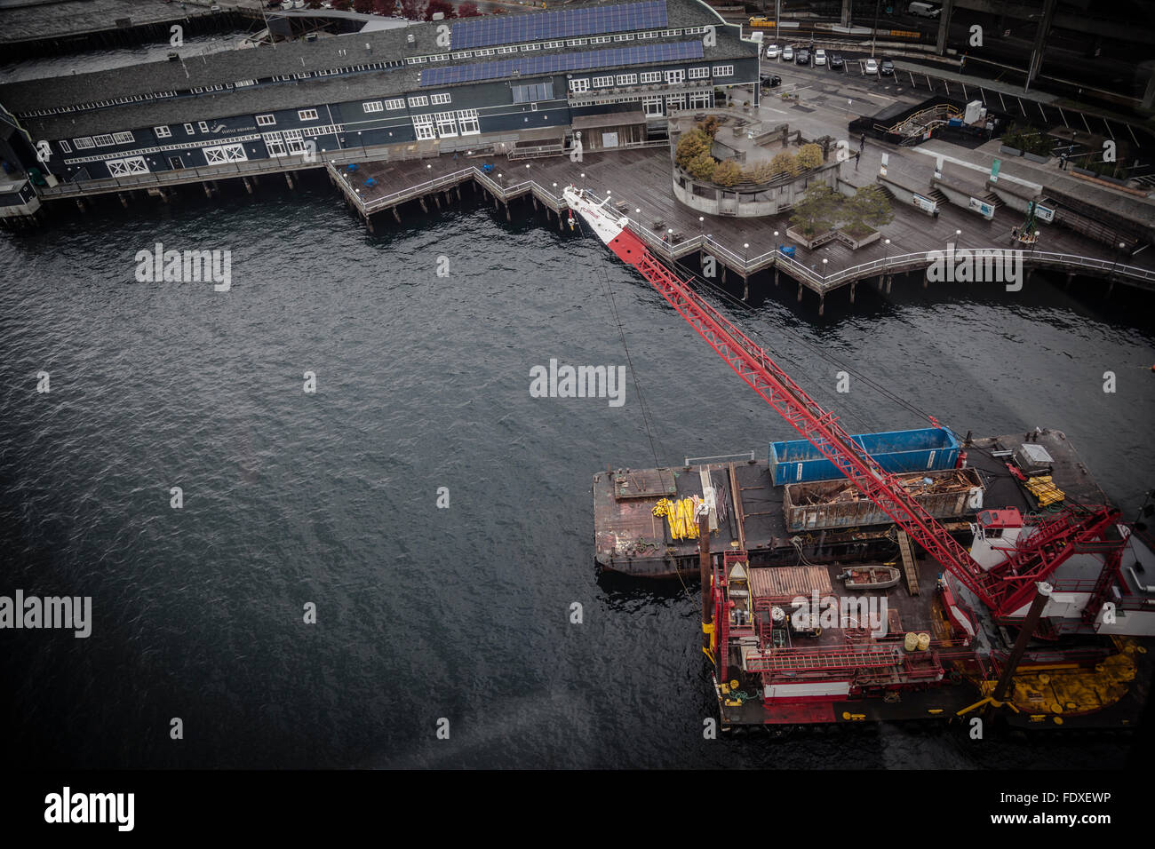 Landscape from bird view of Cargo ship docking at Seattle port ...