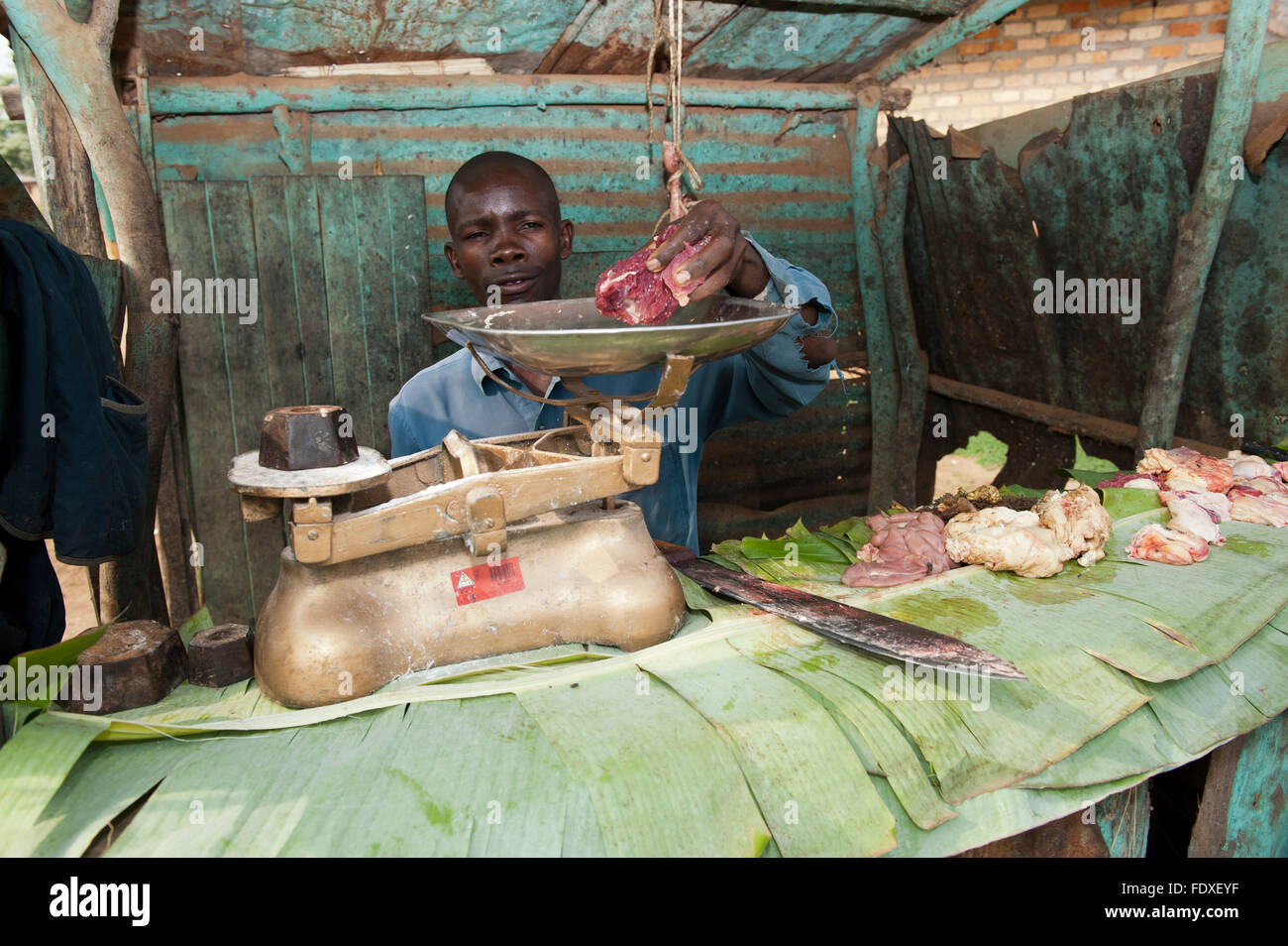 Ugandan butcher weighing a piece of meat in his roadside shop, made ...