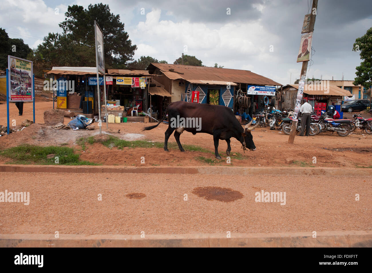 Roadside village scenes in rural Uganda, showing shops and stores along ...